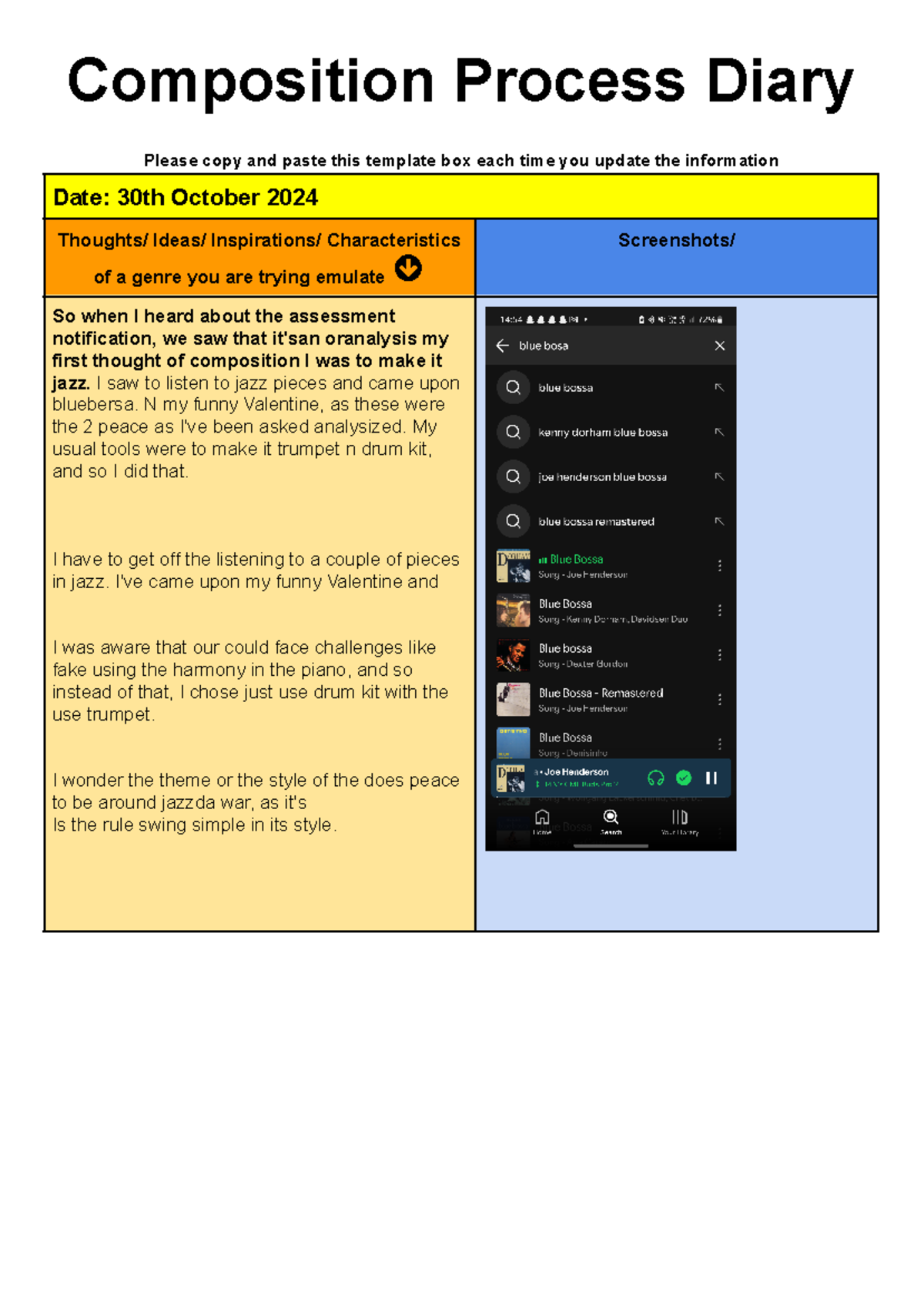 Composition Process Diary - Composition Process Diary Please copy and ...