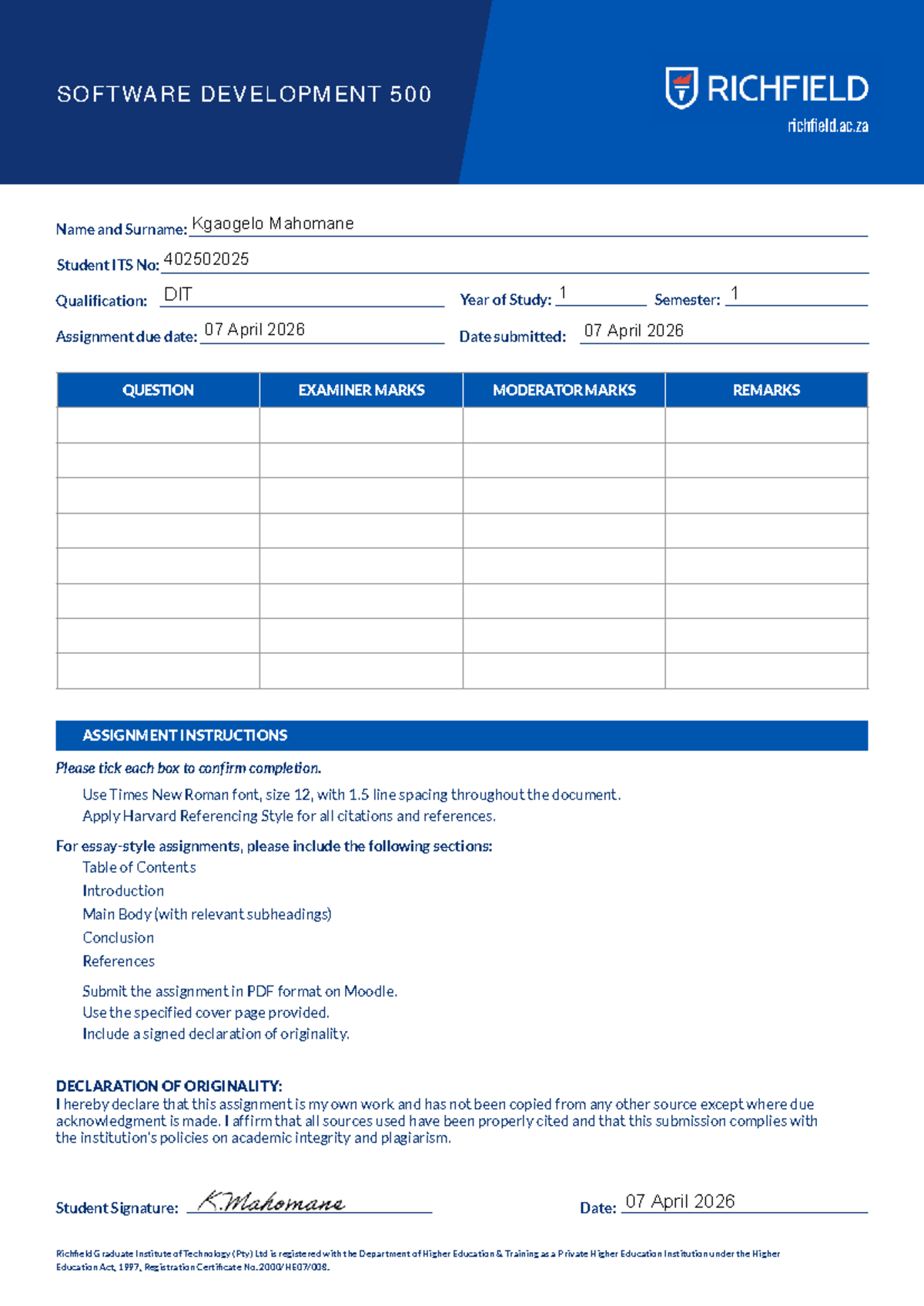 SOFTWARE DEVELOPMENT 500: Assignment Guidelines and Key Concepts - Studocu