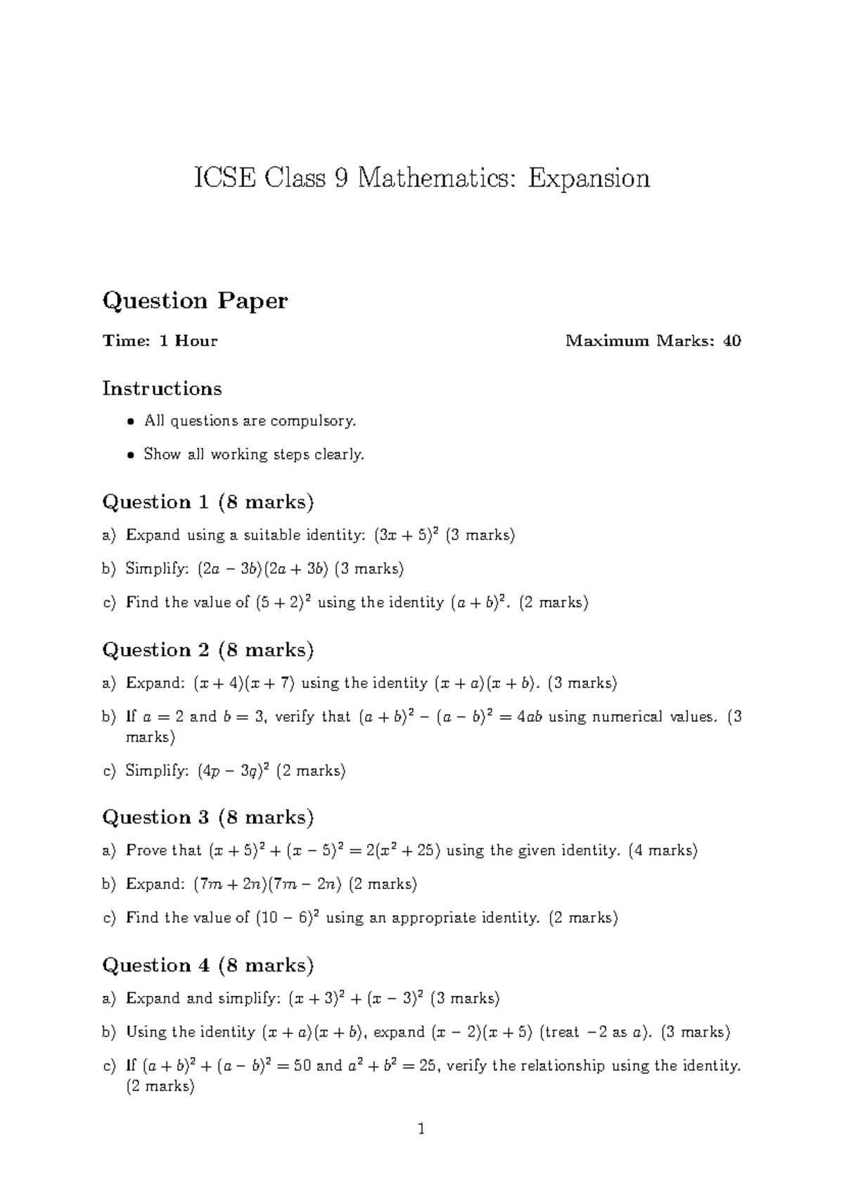 ICSE Class 9 Mathematics: Expansion practice paper 2 - Studocu