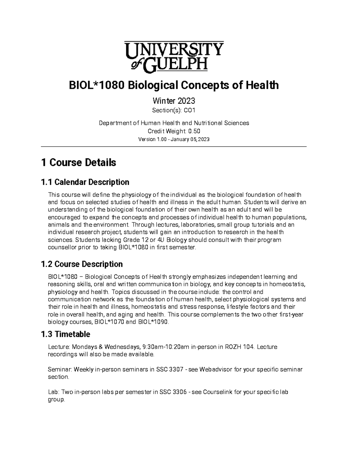 BIOL 1080 CO1 W23 - Course Outline and Learning Resources - Studocu