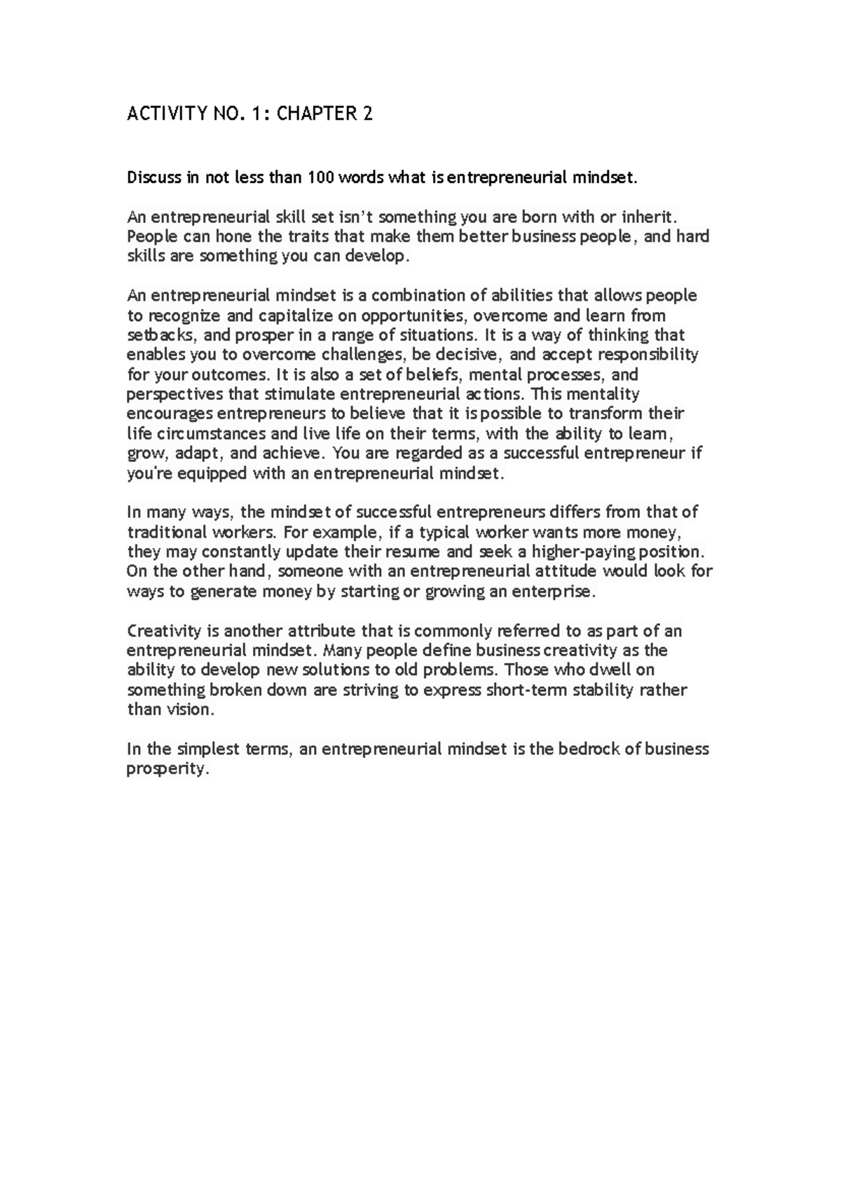 ACT 101: Essay on the Entrepreneurial Mindset in Business - Studocu