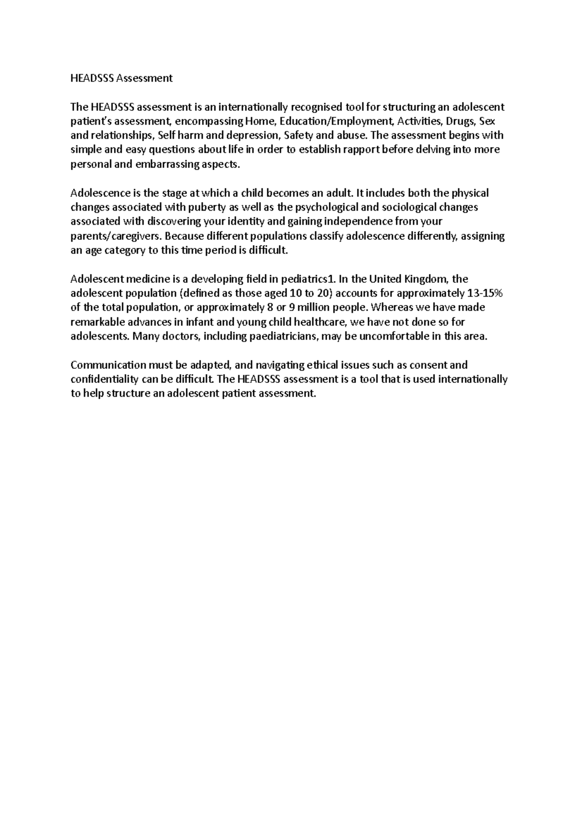 Headsss Assessment - Children's nursing notes - HEADSSS Assessment The ...