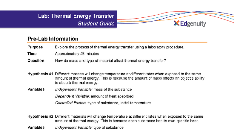 Lab: Thermal Energy Transfer (SCI 101) - Student Guide & Procedure ...