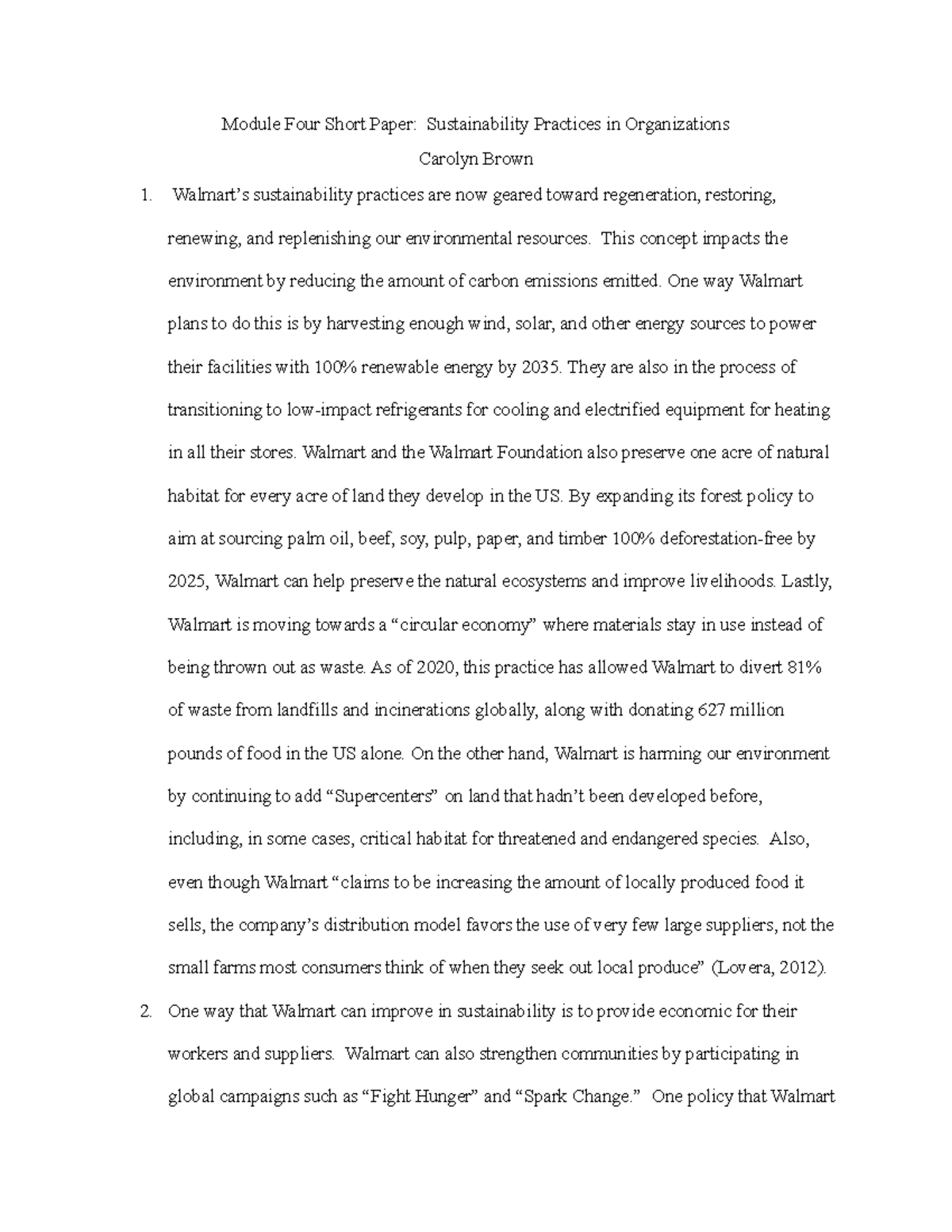 IDS 150 Module Four Short Paper: Walmart's Sustainability Practices ...