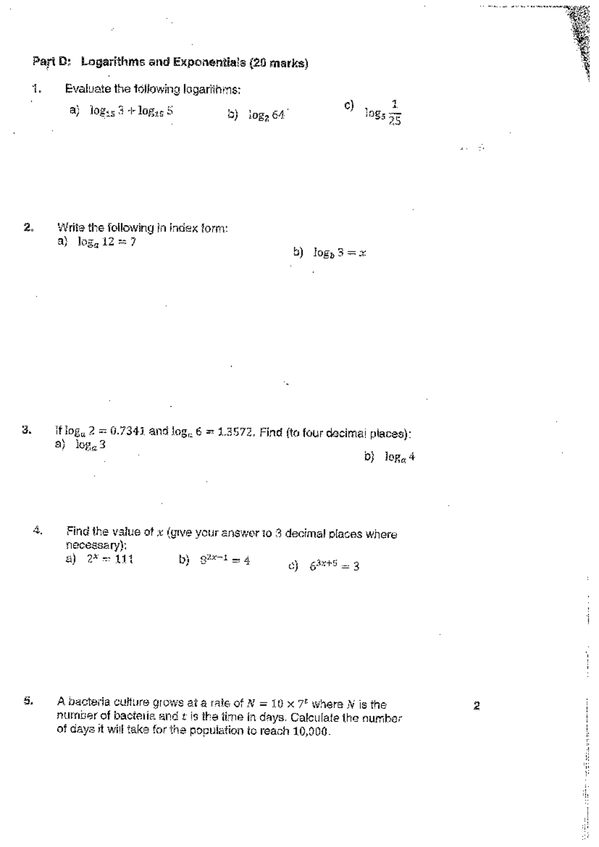 Logs 004 - Year 11 Logarithms and Exponentials Test (20 Marks) - Studocu