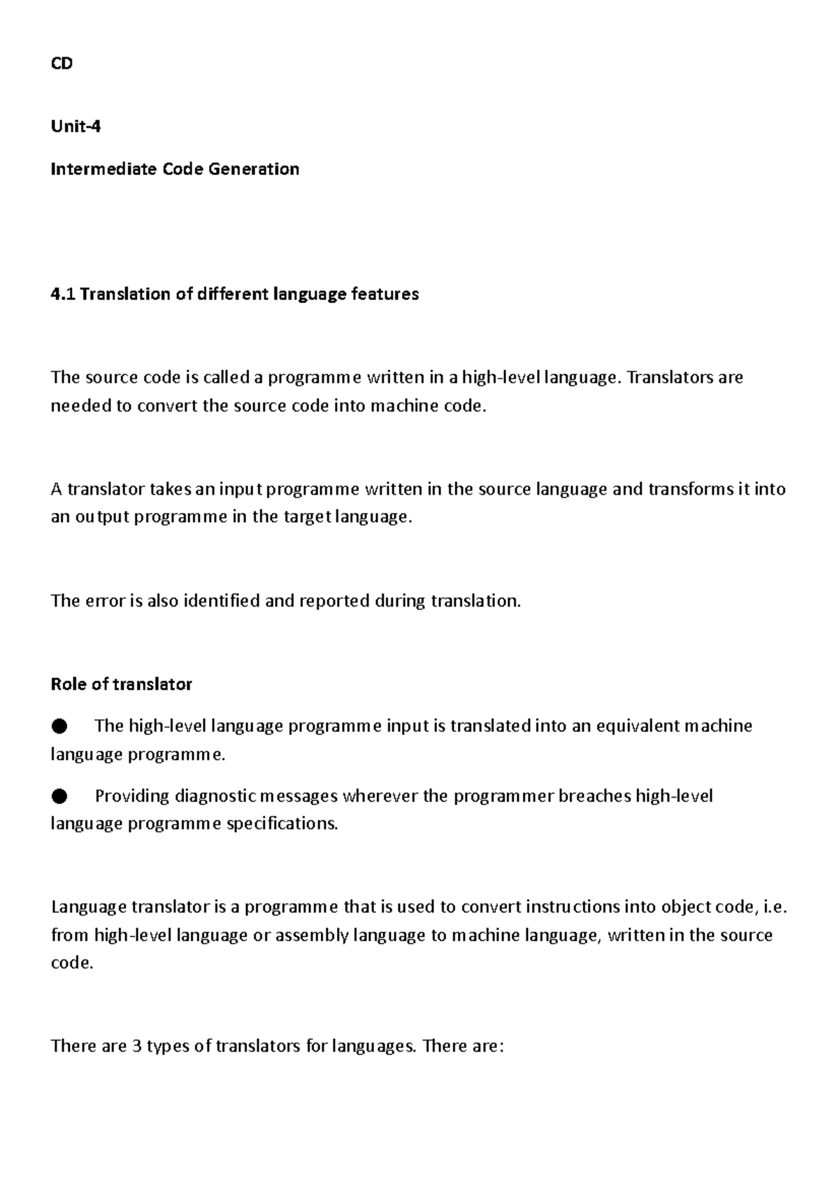 CD 4 - Intermediate Code Generation: Language Feature Translation - Studocu