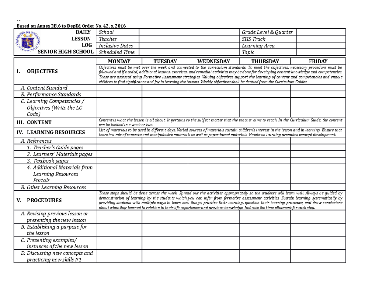 1 SHS Daily Lesson Log Template for Week Planning - Studocu