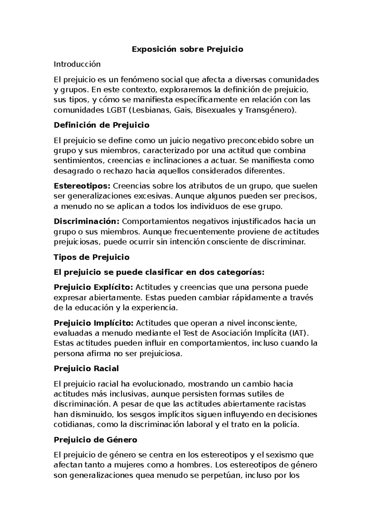 Exposición sobre Prejuicio: Definición, Tipos y Efectos Sociales - Studocu