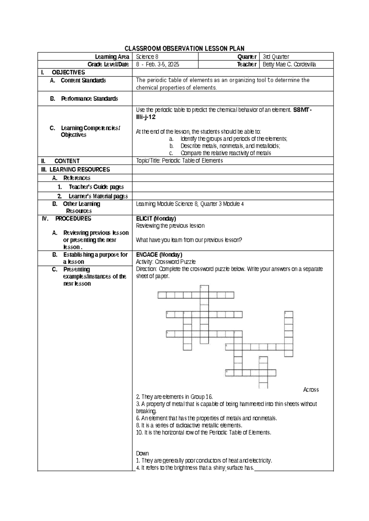 7Es-LP- Periodic- Table-OF- Elements-8 - CLASSROOM OBSERVATION LESSON ...