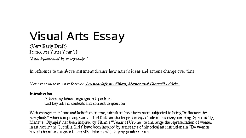 Visual Arts Essay: Changing Representations of the Body in Art (Year 11 ...