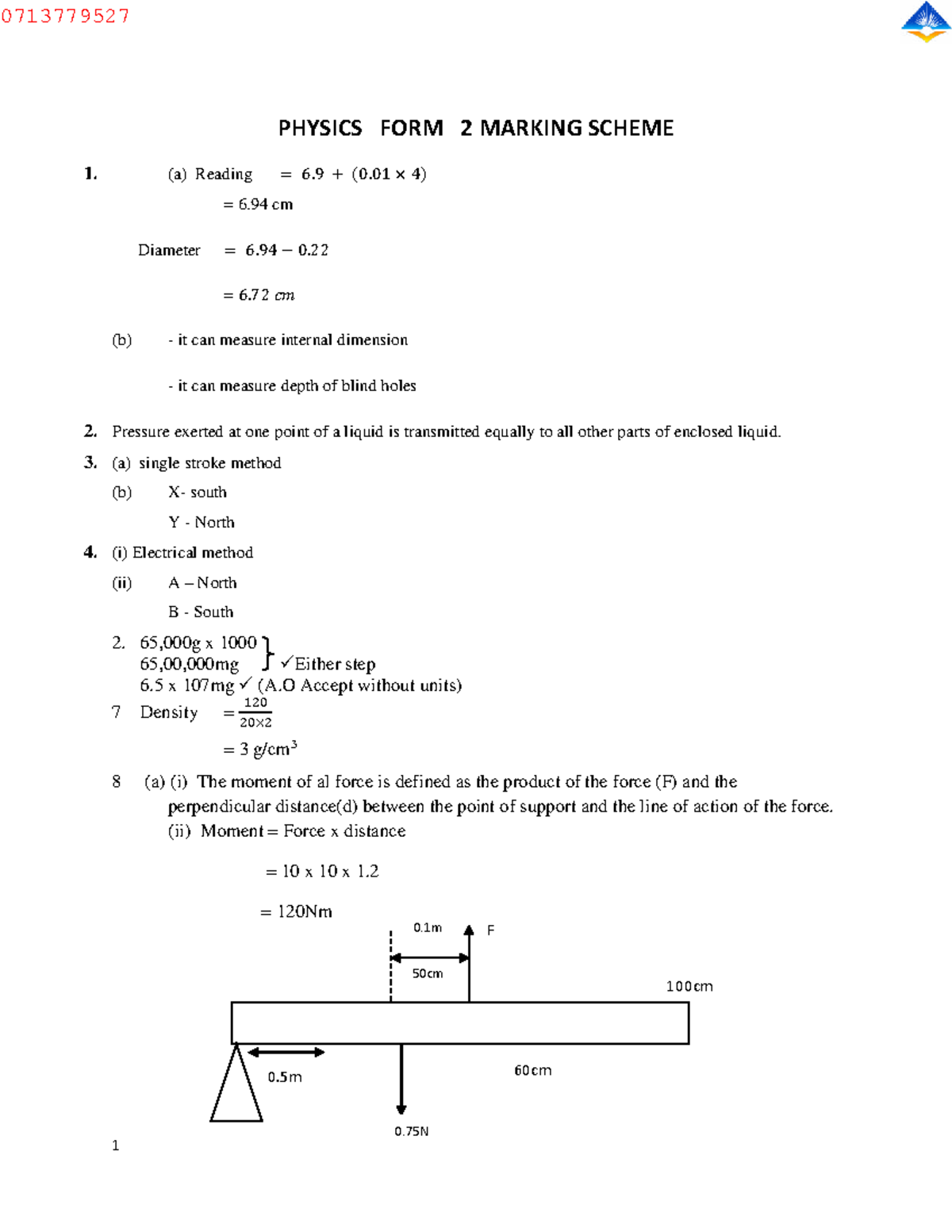 0713779527 PHYSICS FORM 2 MARKING SCHEME - EXAM MATERIALS - Studocu
