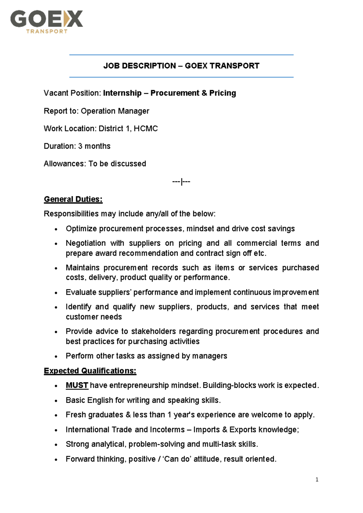 Procurement Pricing Intern JD - 1 JOB DESCRIPTION – GOEX TRANSPORT ...