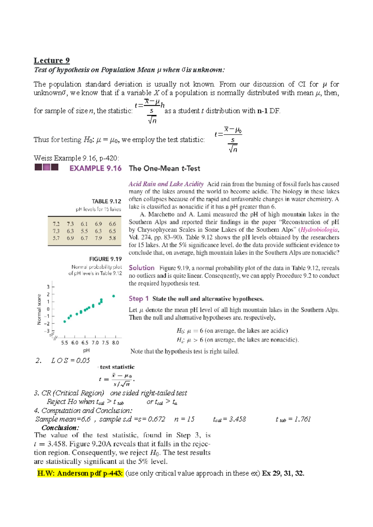 Lecture Plan SI 9-12: Hypothesis Testing & ANOVA Concepts - Studocu