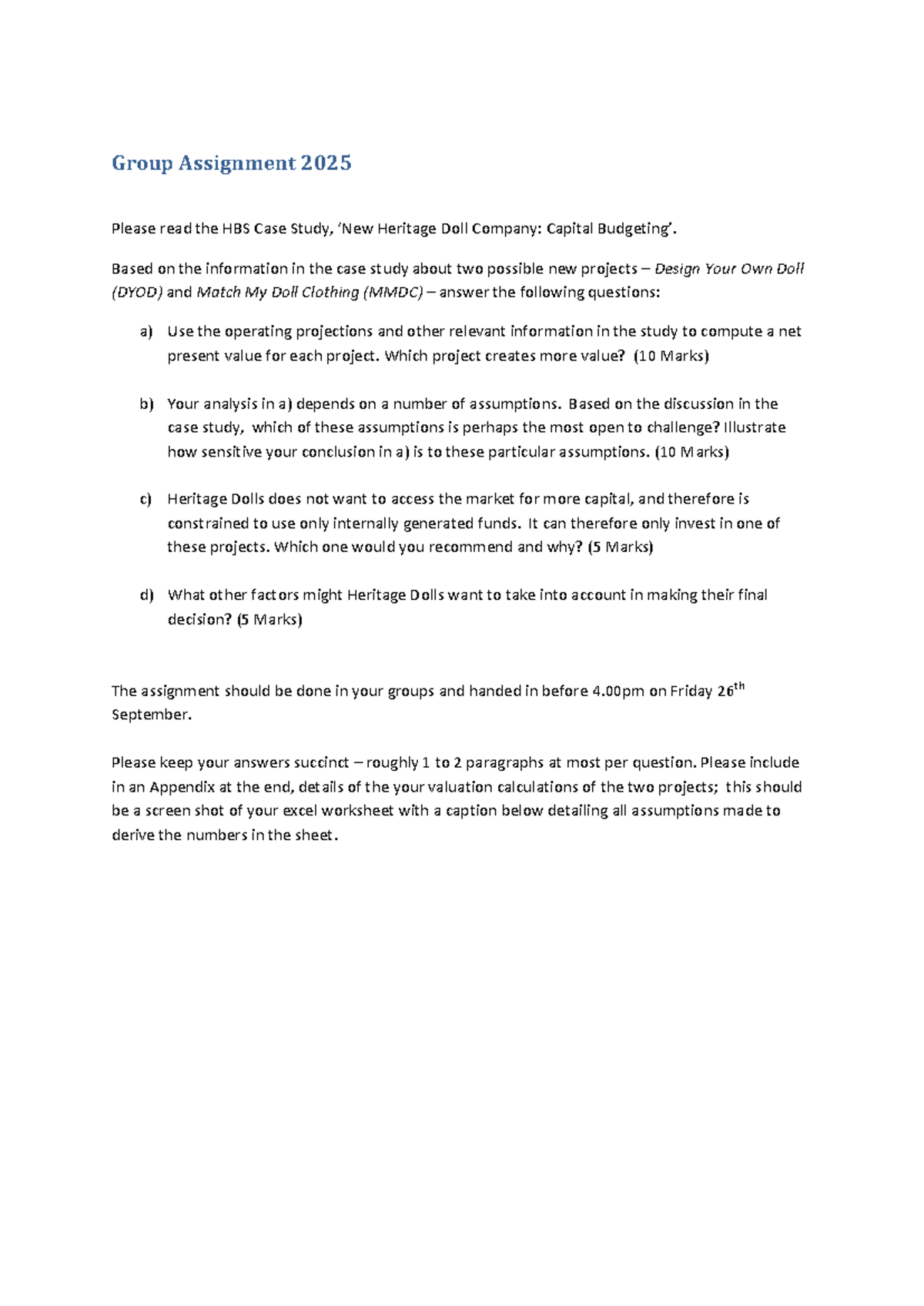 HBS Case Study: Heritage Doll Co. Group Assignment 2025 - Studocu