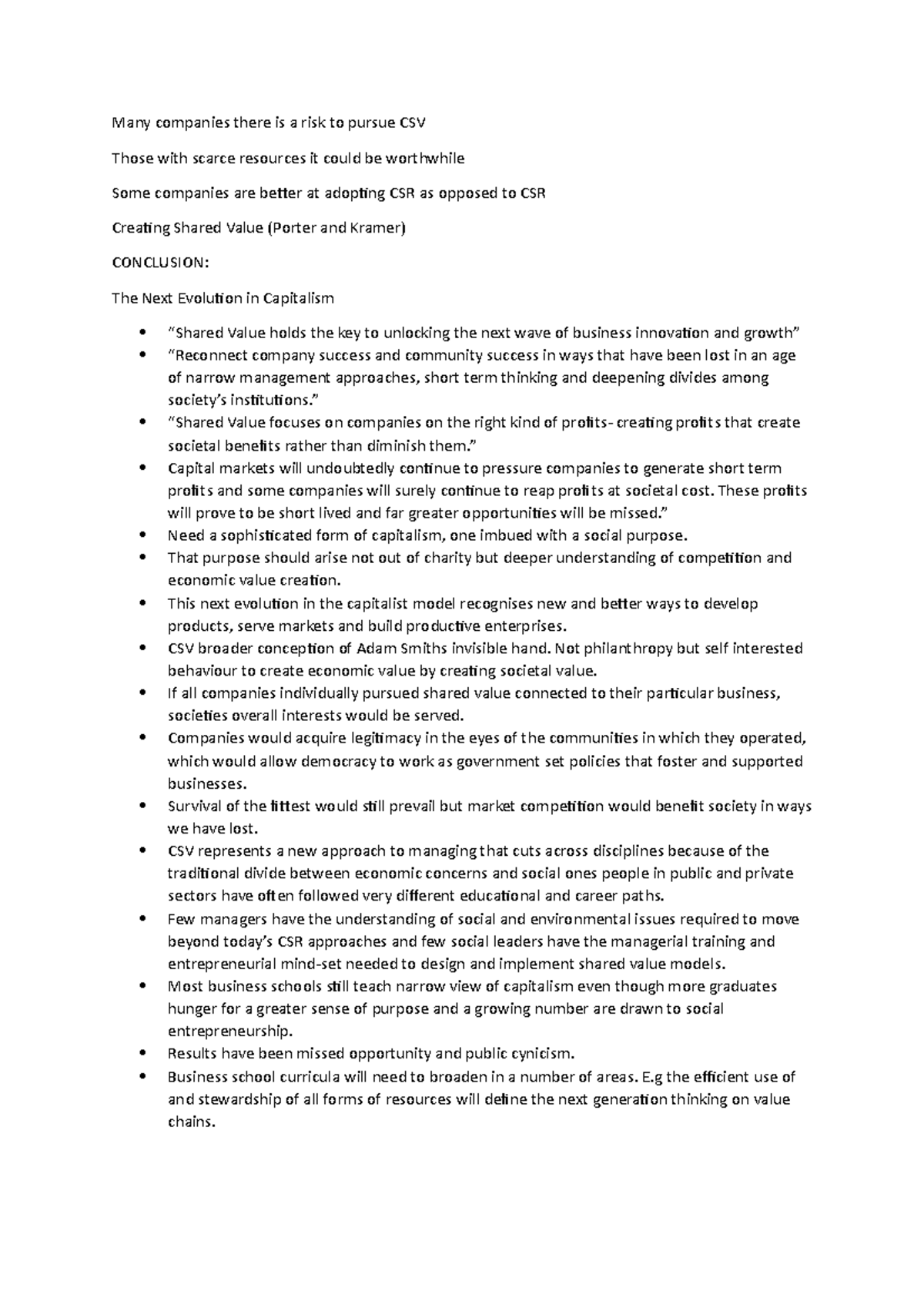 CSV - Porter, M. E., & Kramer, M. R. (2019). Creating shared value. In ...