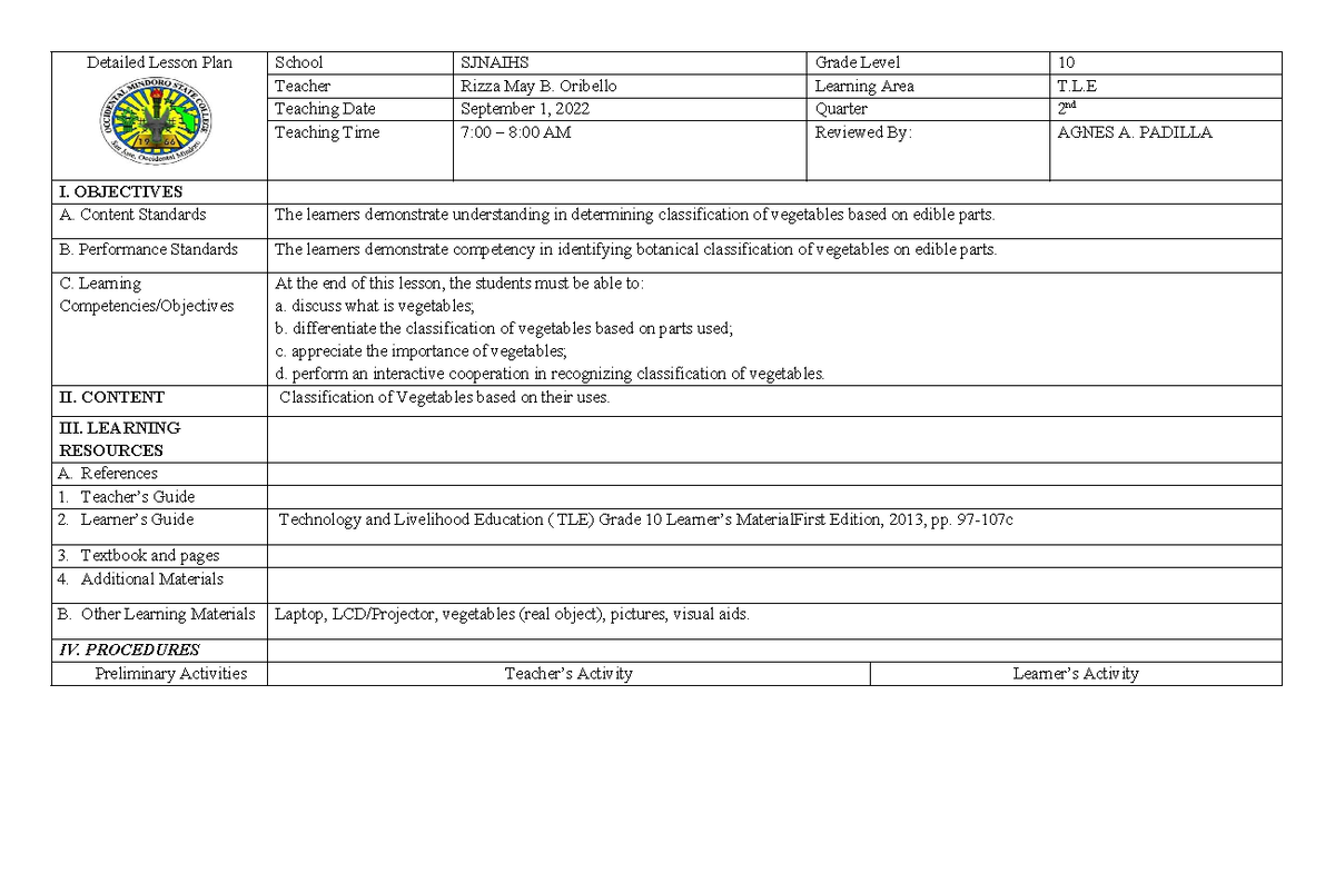 Final Lesson Plan: Classification of Vegetables (TLE 10) - Studocu