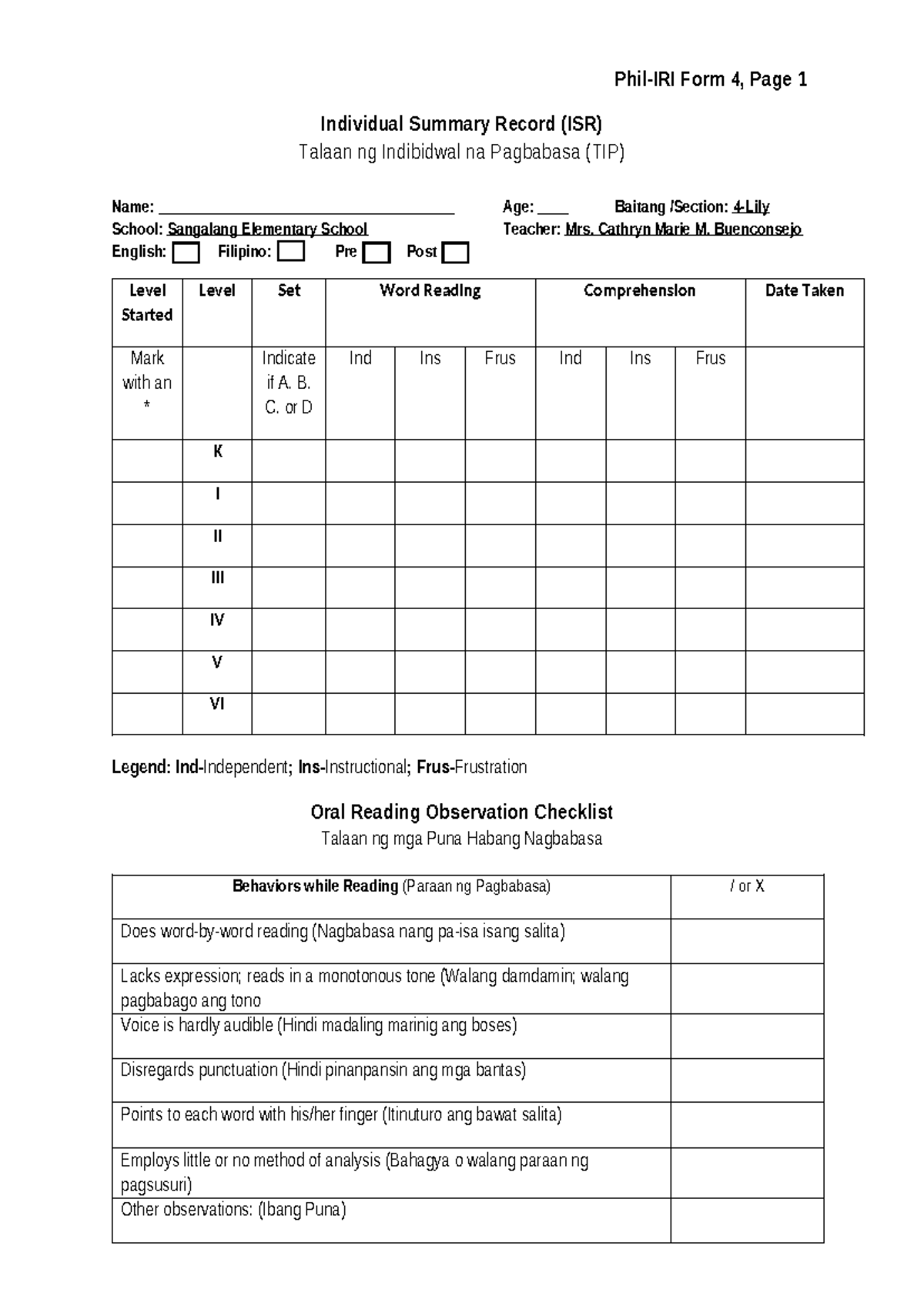 Phil-IRI Form 4 Individual Summary Record (ISR) - Sangalang ES - Studocu