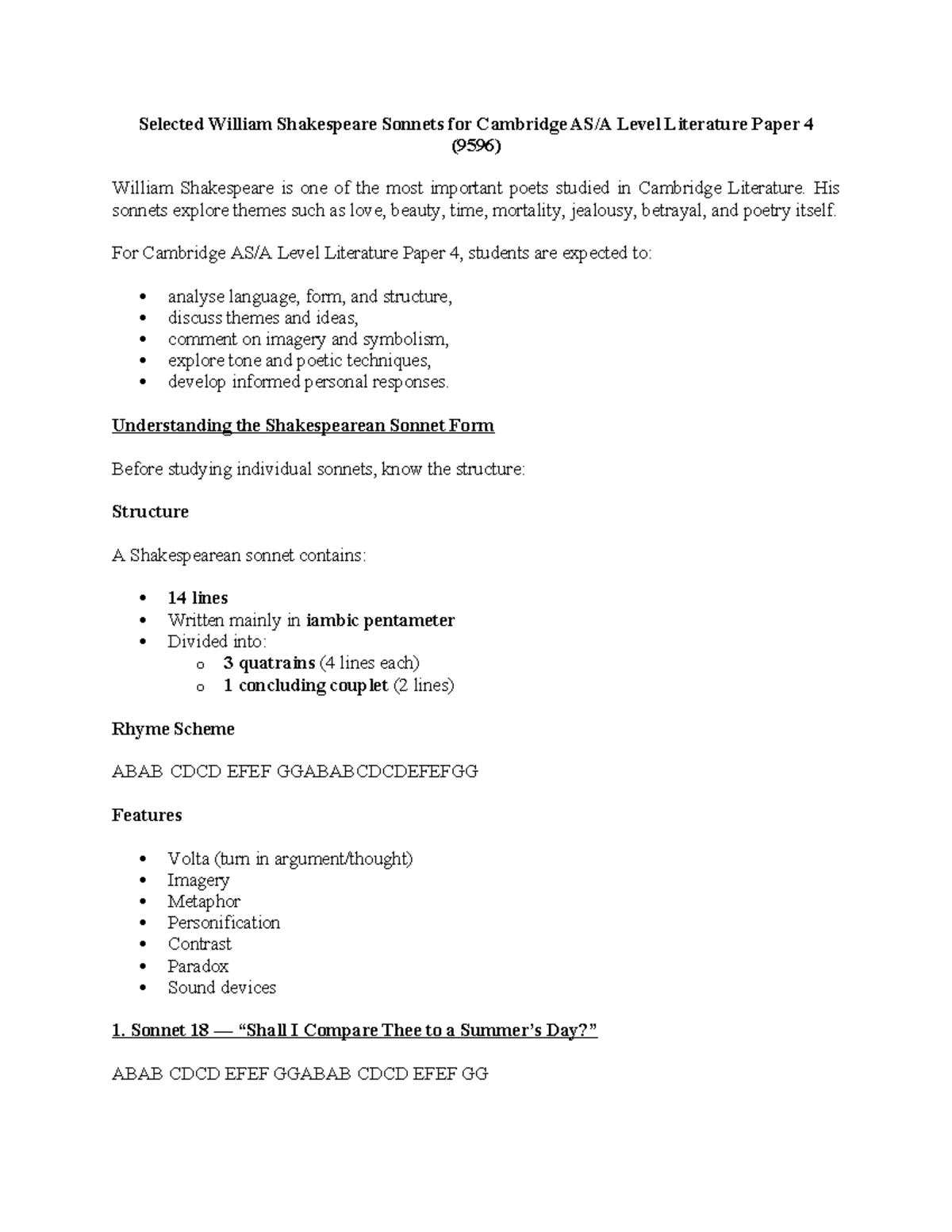 Selected Shakespeare Sonnets Analysis for Cambridge AS & A Level Lit P4 ...
