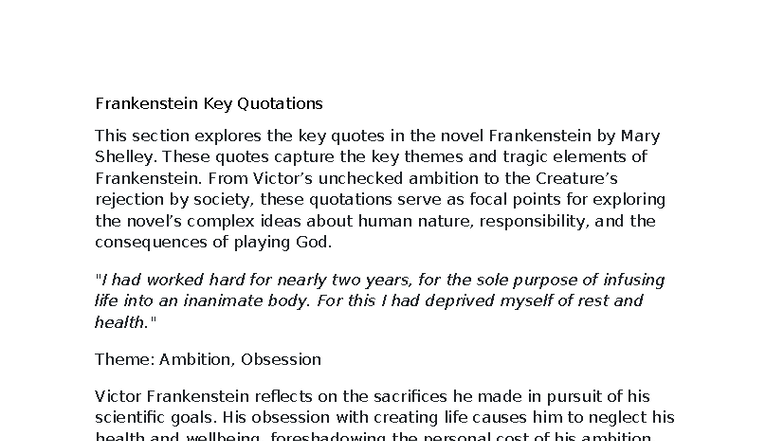 Frankenstein (ENG 101) Key Quotes Analysis and Themes - Studocu