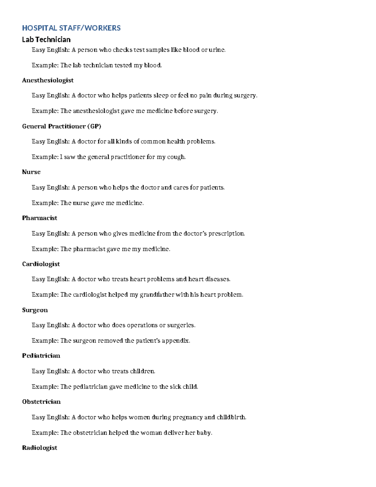 HOSPITAL Vocabulary: Easy English Terms for Medical Professionals - Studocu