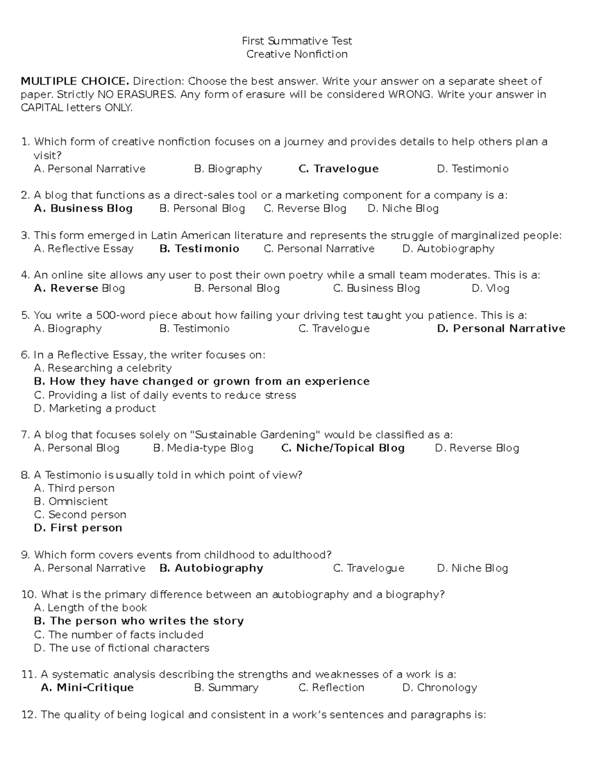 1st Summative Test: Creative Nonfiction MCQ - Studocu