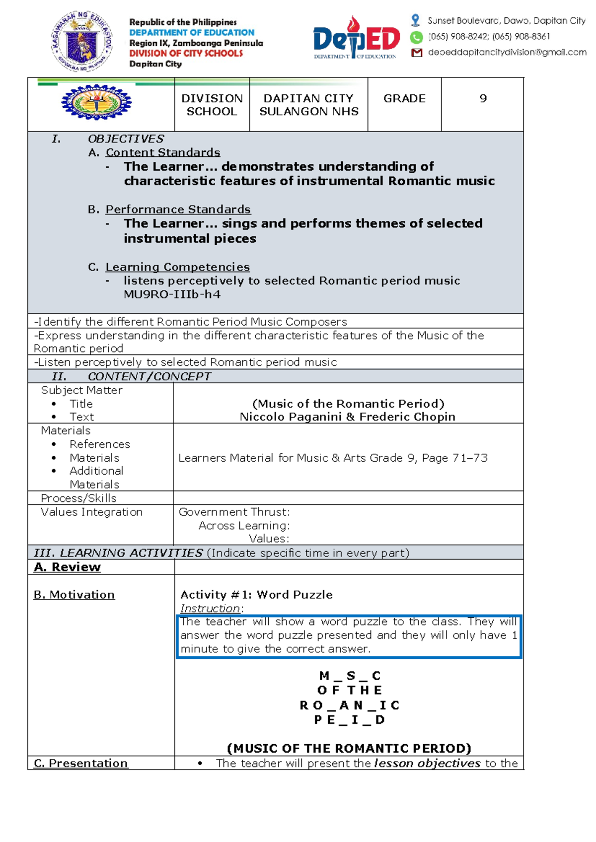 Romantic Music Lesson Plan for Grade 9 (Music 9) - Studocu