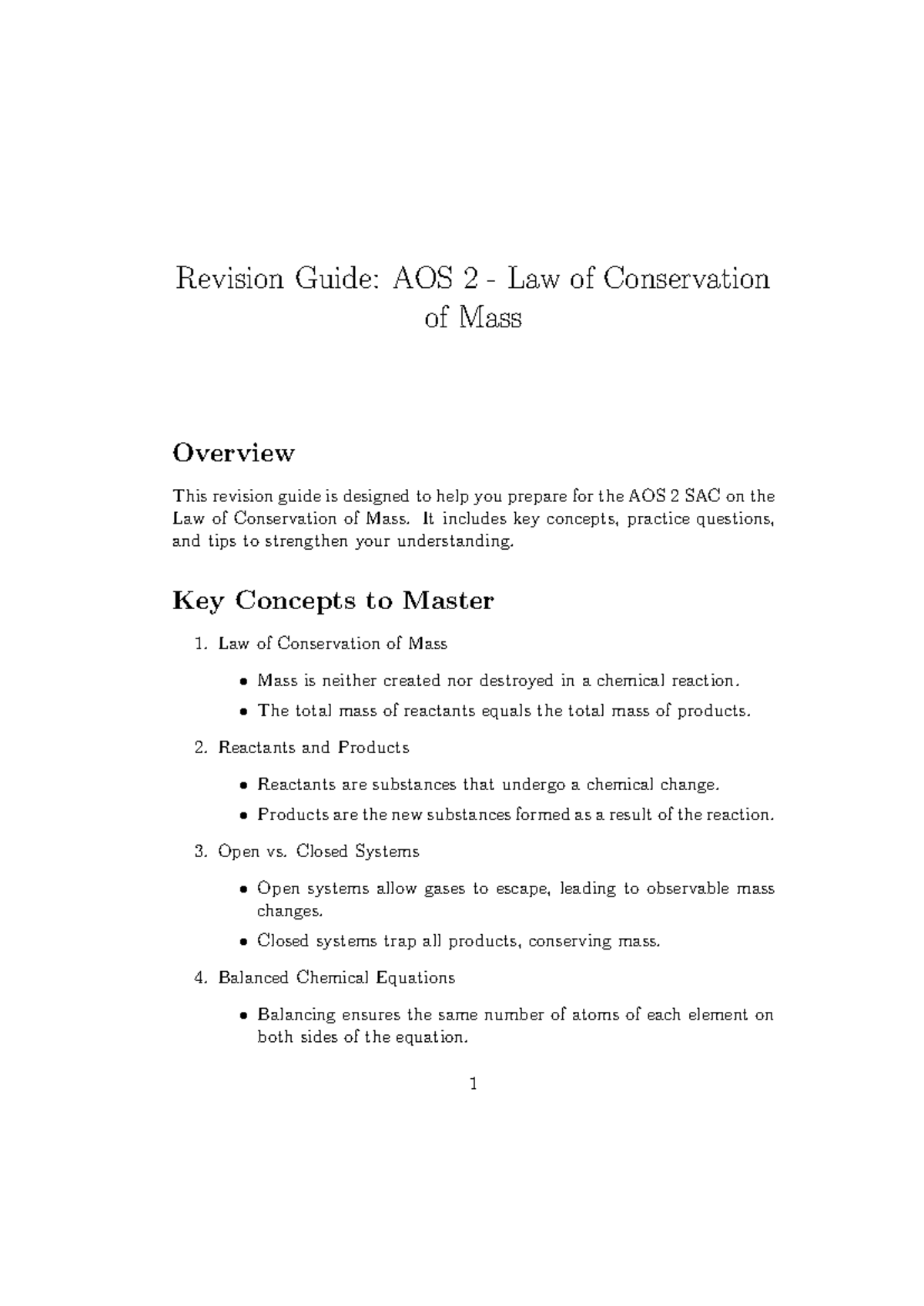 AOS 2 Revision Guide: Law of Conservation of Mass Overview - Studocu