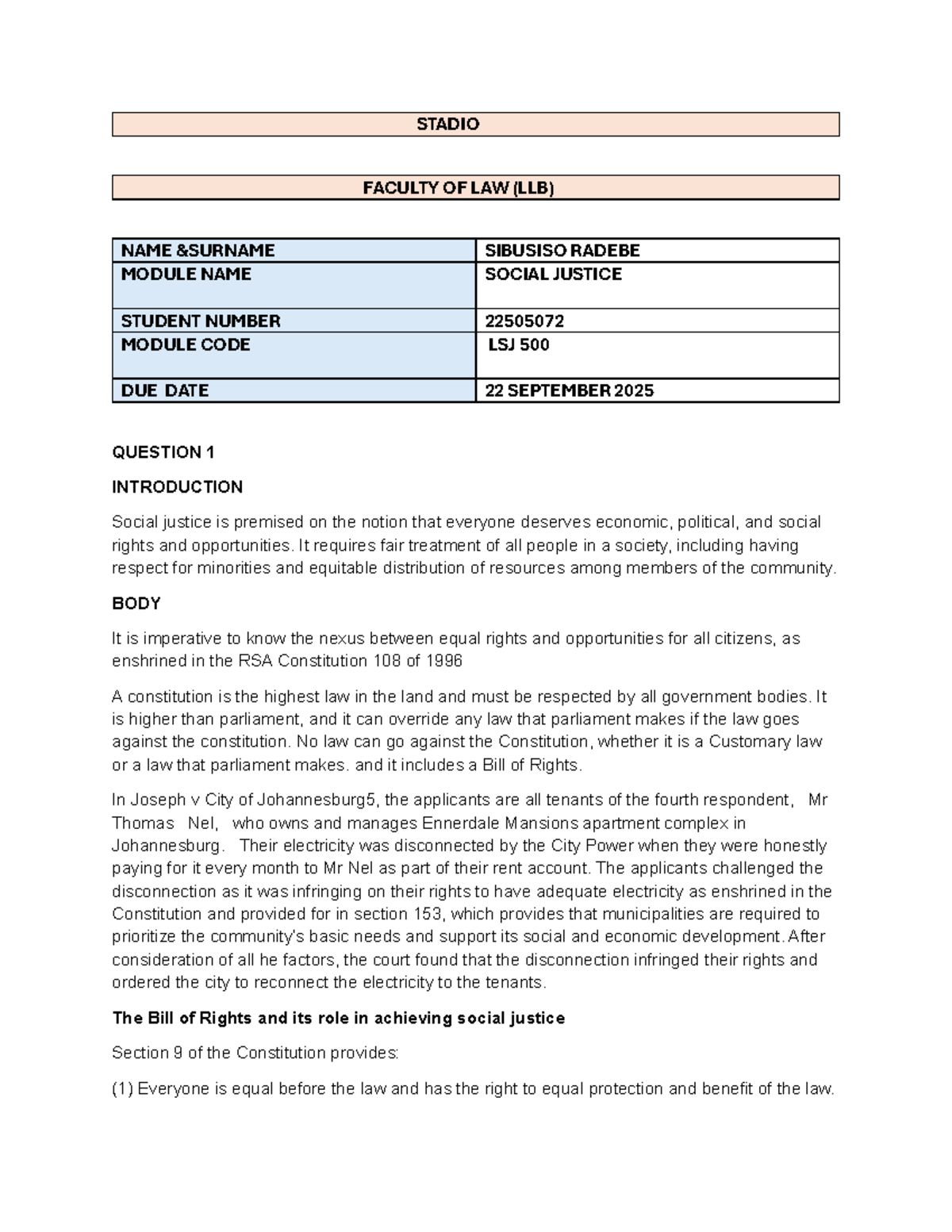 Social Justice Assignment Overview - LSJ 500 (22505072) - Studocu