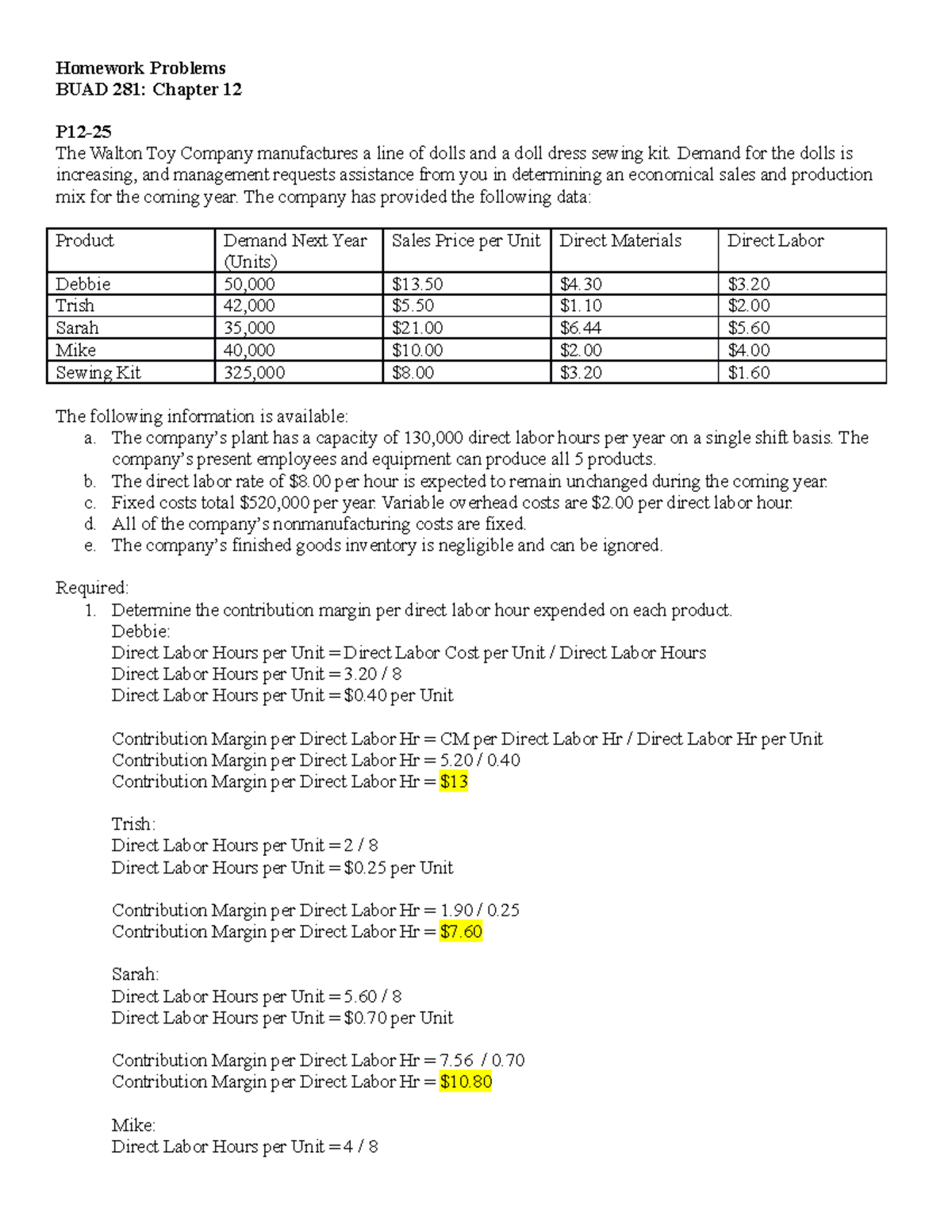 Chapter 12 - BUAD 281 Homework Problems on Business Management and ...
