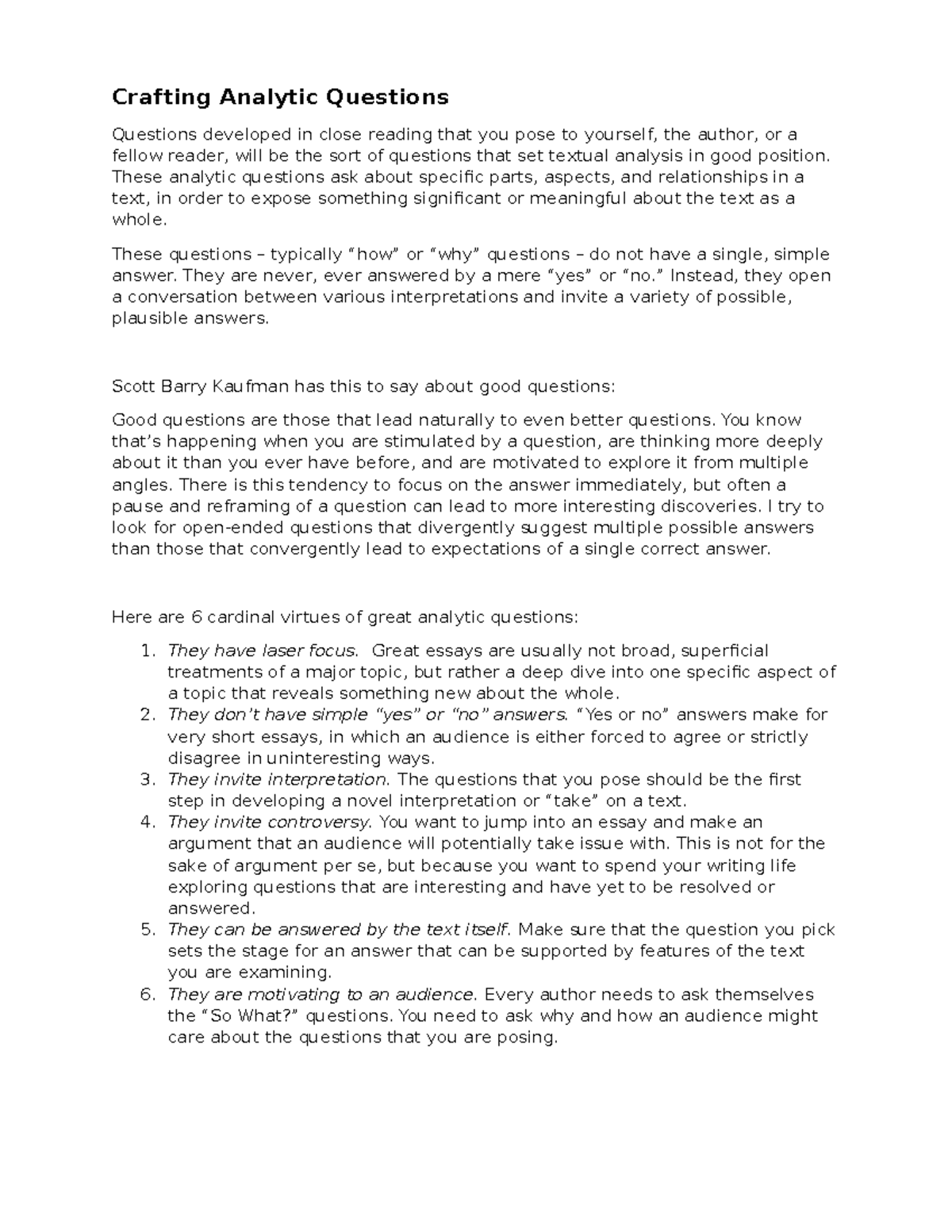 Crafting Analytic Questions for Close Readings: A Guide - Studocu