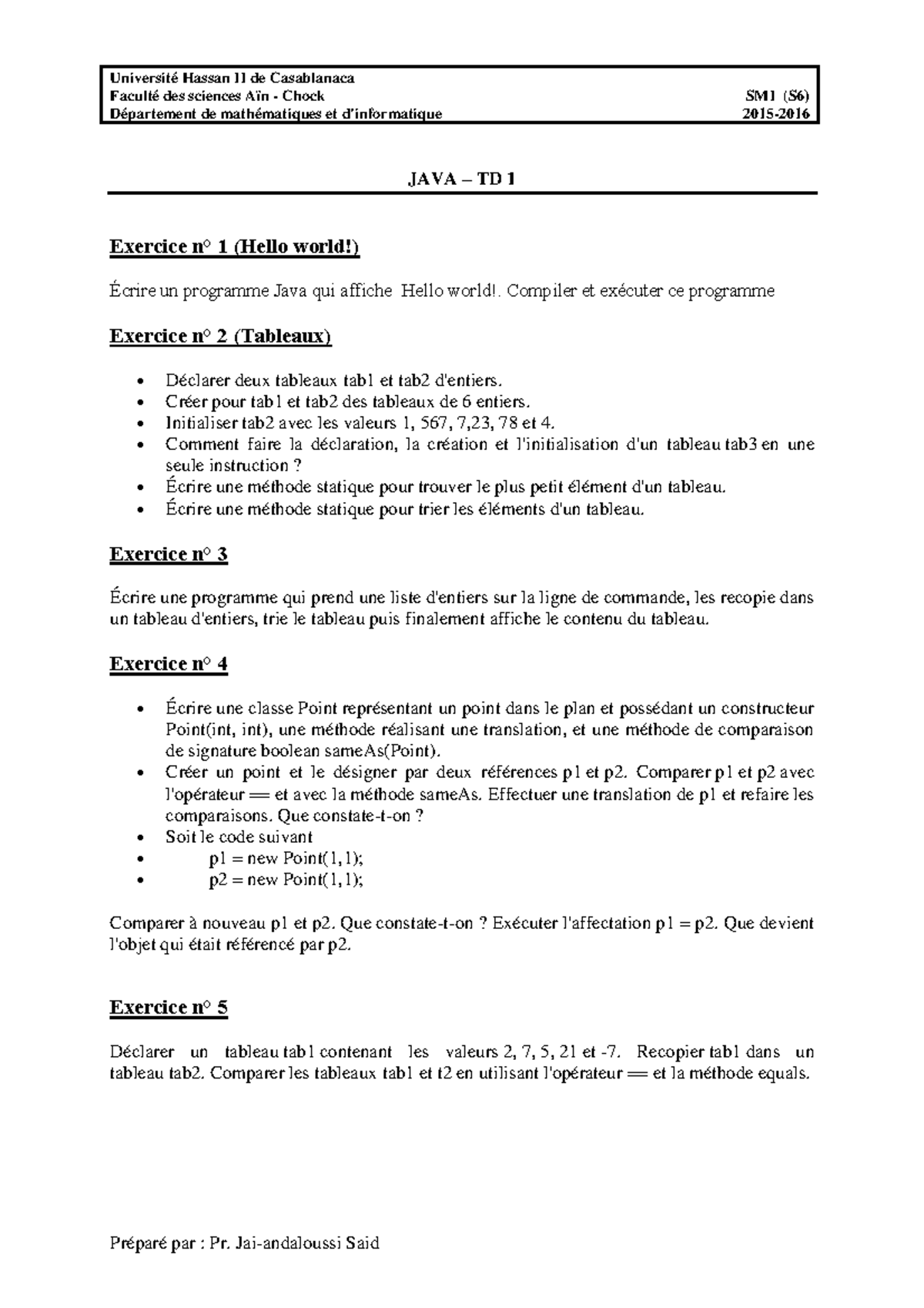 TD 1 - Java Exercice Assignments SMI S6 - Studocu
