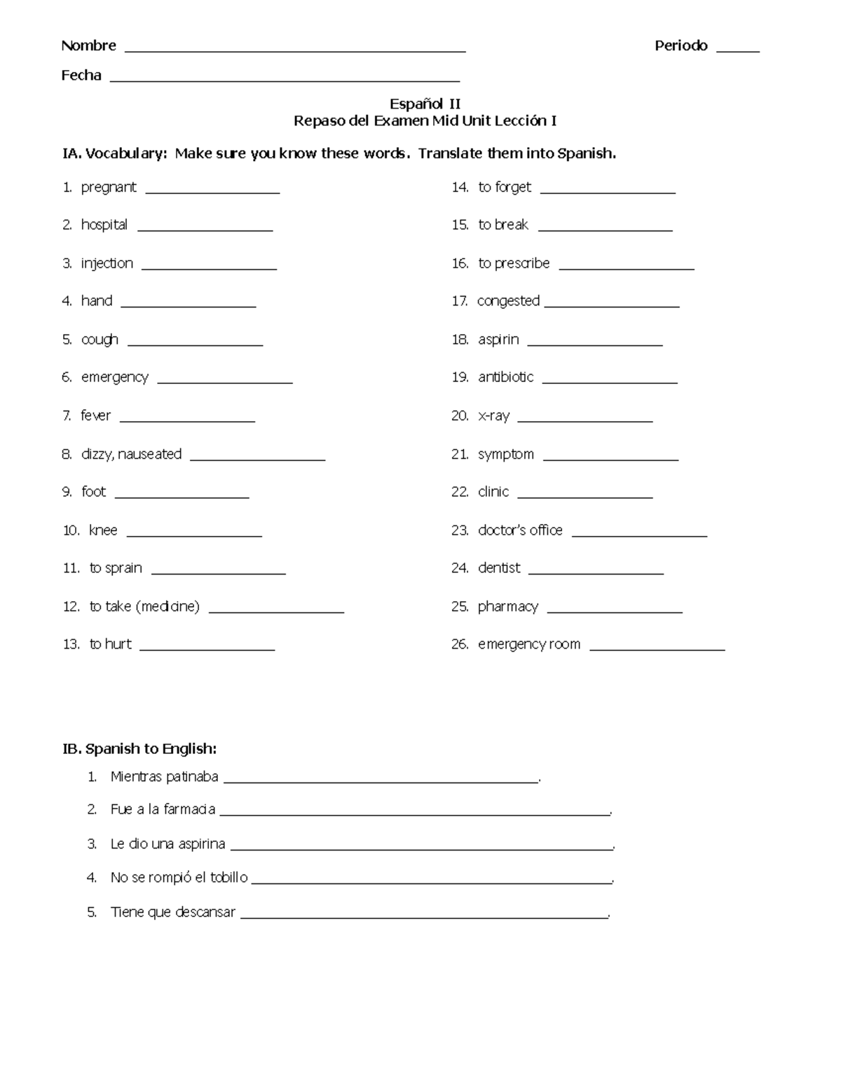 Español II Mid Unit Test Review: Vocabulary & Verb Tenses - Studocu