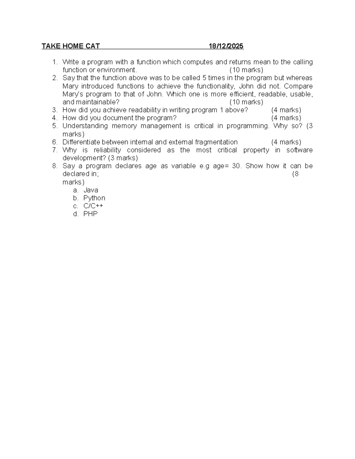 Comp121 Take Home CAT 1: Program Efficiency & Readability Analysis ...