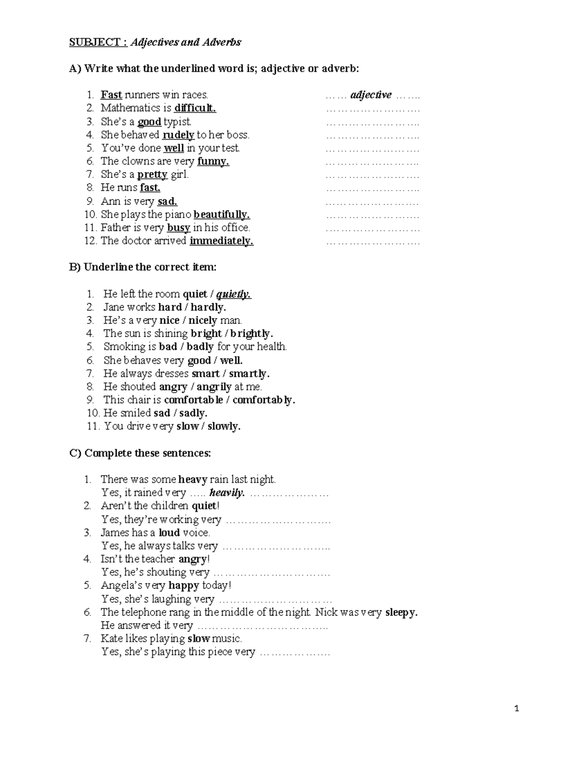 Adjective and Adverb Review: Exercises and Answers for English Class ...