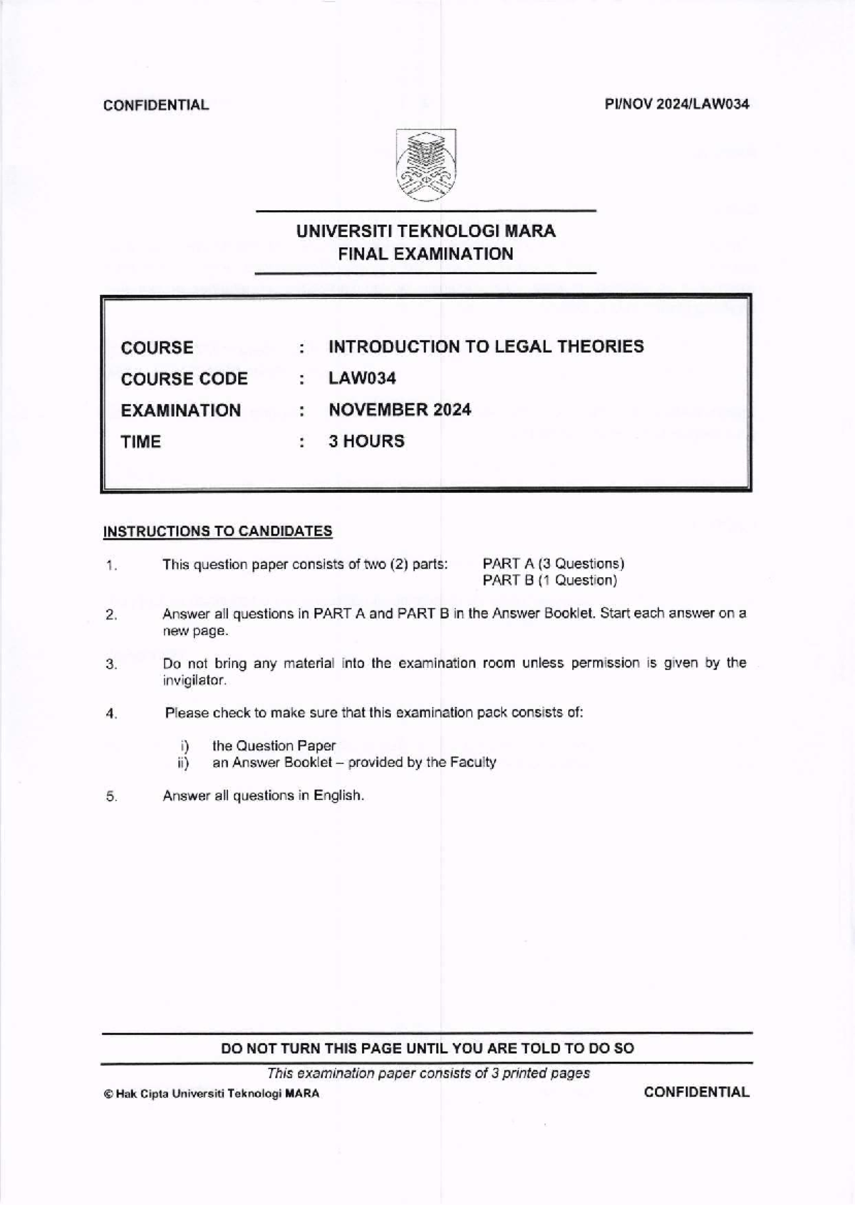 LAW034 FINAL EXAMINATION: INTRODUCTION TO LEGAL THEORIES - Studocu