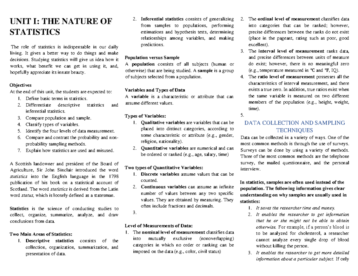 UNIT I: Understanding the Nature of Statistics and Data Analysis - Studocu