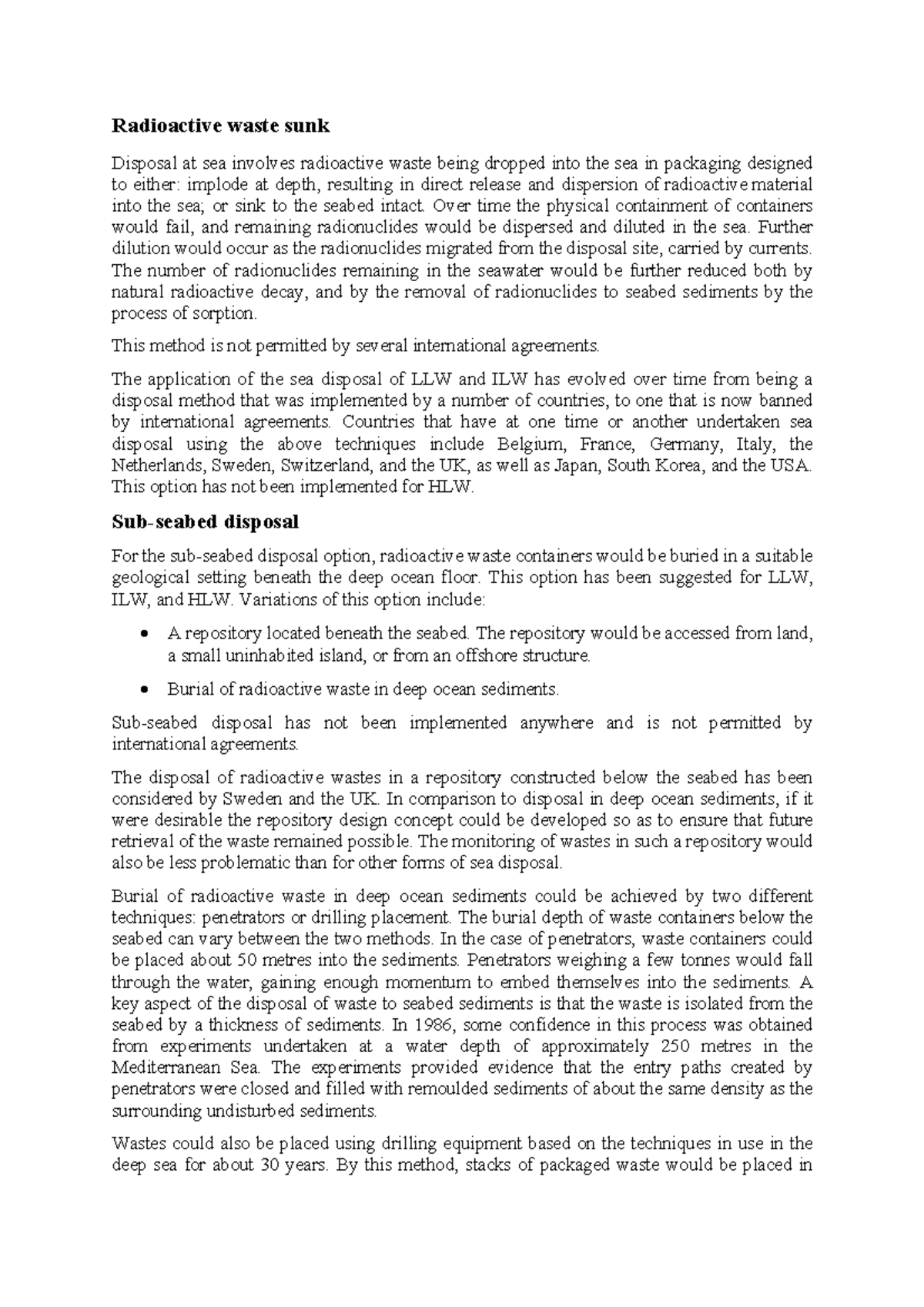 Environment unit 1, 2 - Radioactive waste sunk Disposal at sea involves ...
