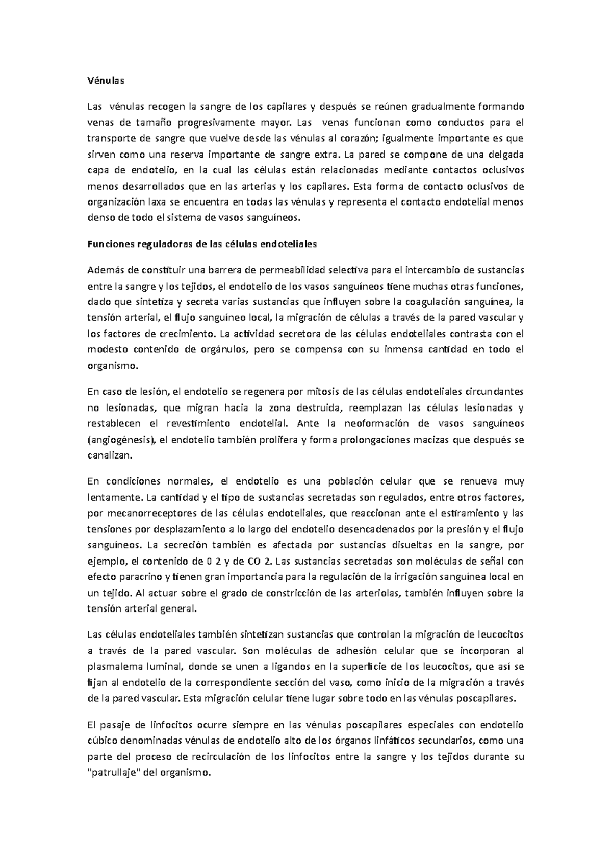 Funciones de las Vénulas y Células Endoteliales en el Sistema Vascular ...