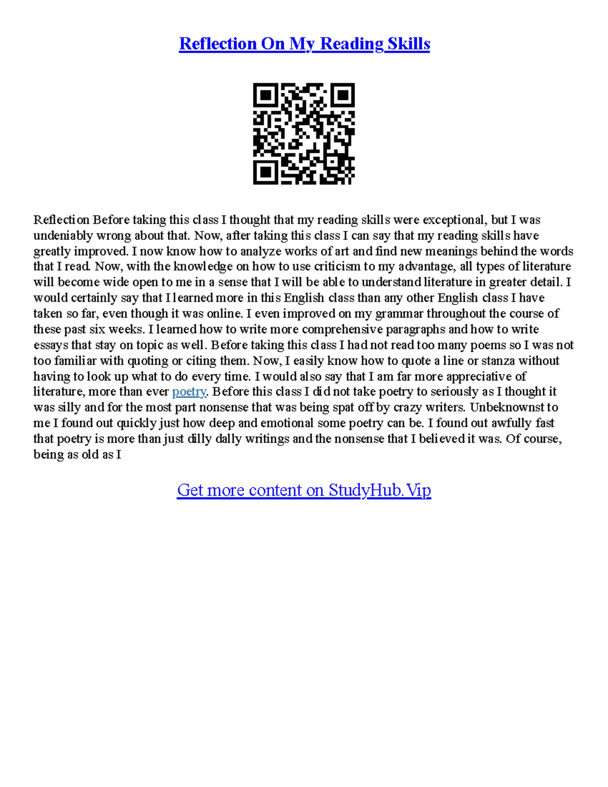 Reflective Essay on Reading Skills Improvement (ENG 101) - Studocu