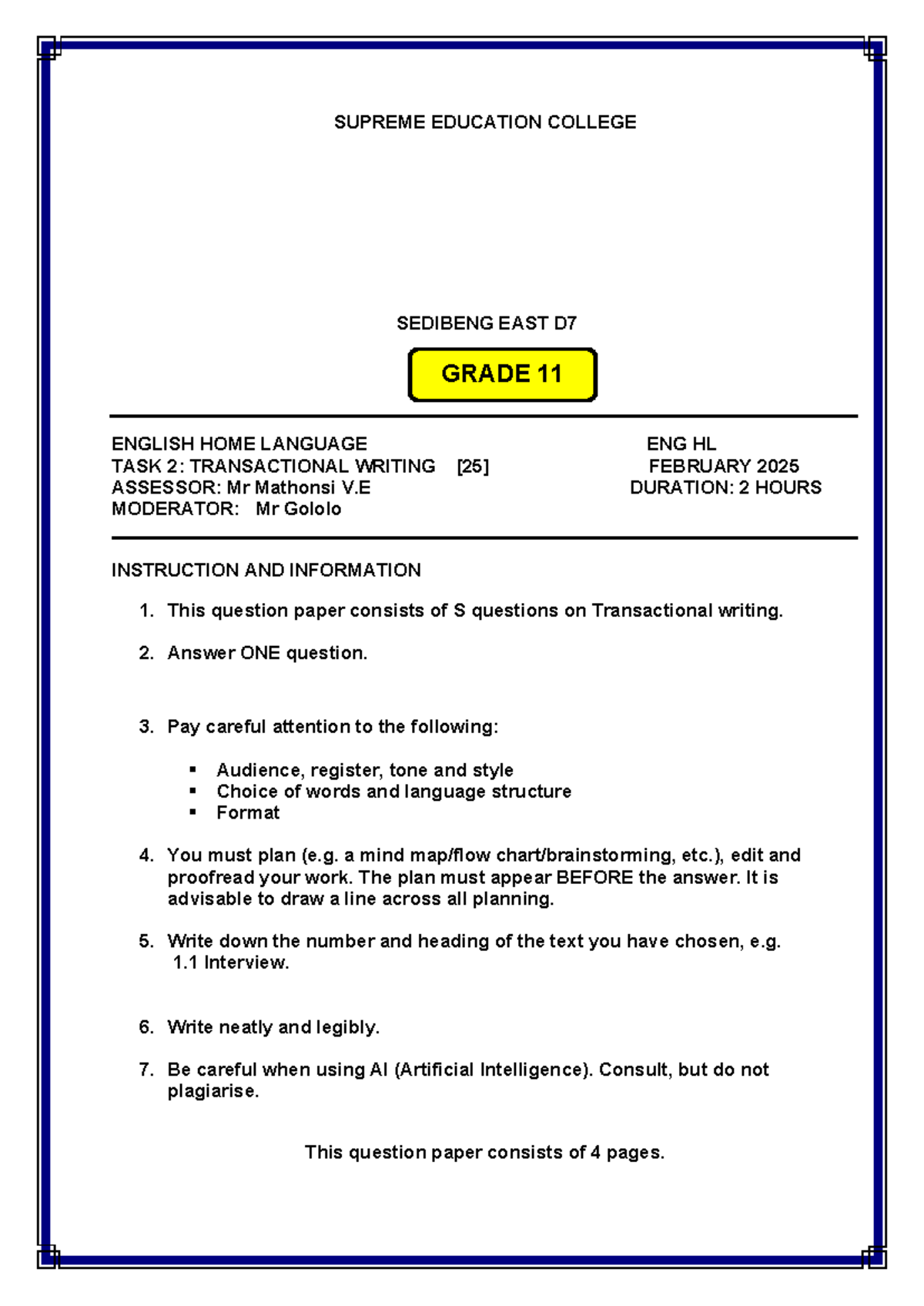 GR. 11 ENG HL TASK 2: Transactional Writing Guidelines 2026 - Studocu