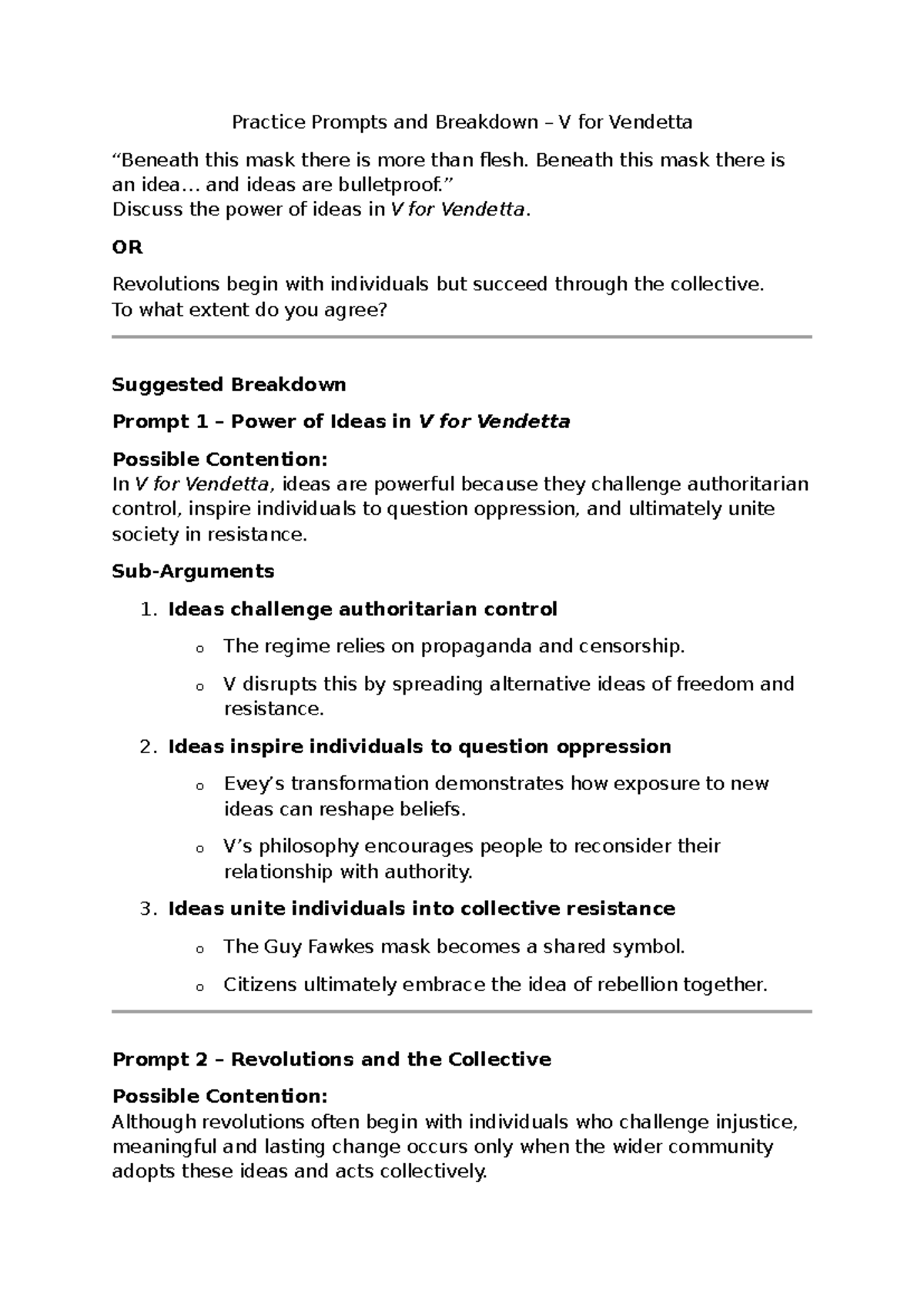 Practice Prompts for V for Vendetta: Ideas, Truth, and Revolutions ...