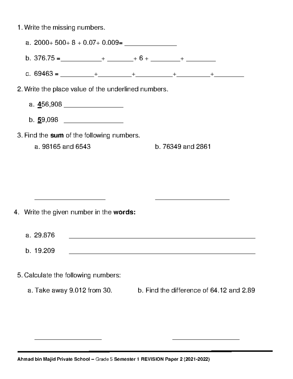 Grade 5 Math Final Exam Revision Paper - Ahmad bin Majid School - Studocu
