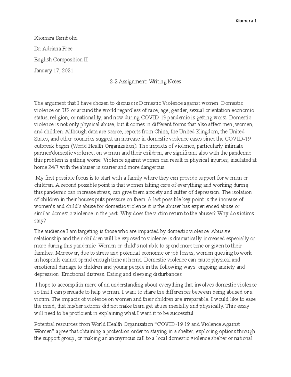 2 2 Assignment Writing Notes C - Xiomara 1 Xiomara Sambolin Dr. Adriana ...