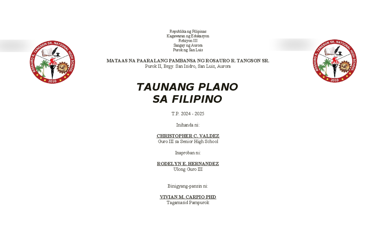 PLANO NG AKTIBIDAD SA FILIPINO S.Y. 2024-2025 2 - Studocu