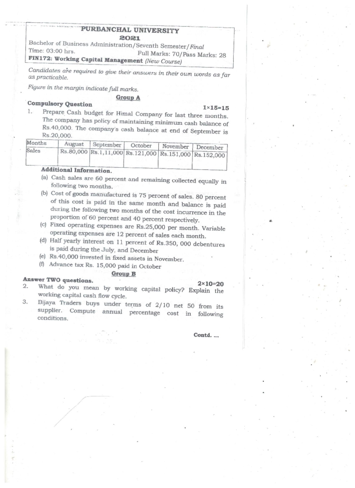 "FIN172: 2021 Working Capital Management Question Paper Analysis" - Studocu