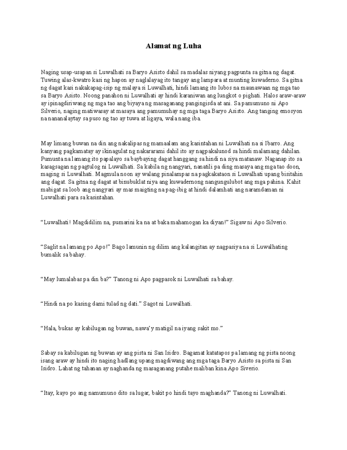 Alamat ng Luha - Isang Kwento ng Pag-ibig at Pighati - Studocu
