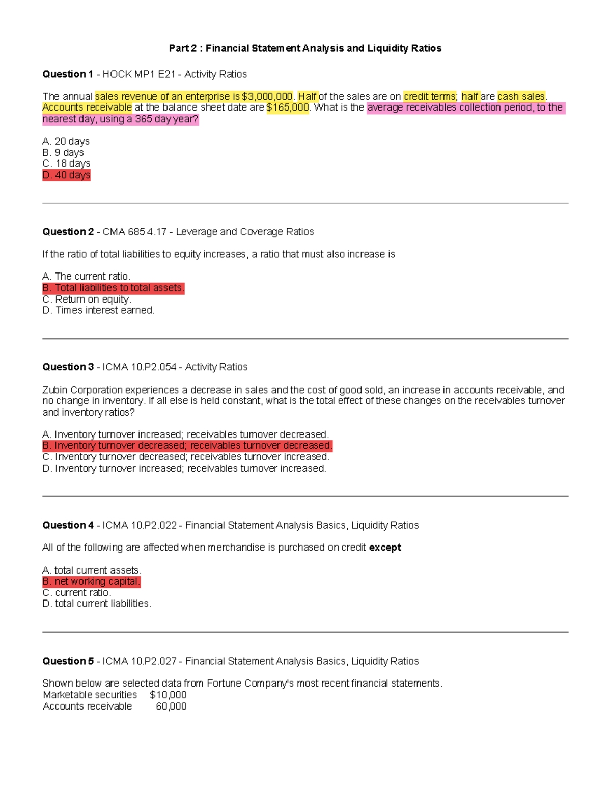 Part 2 - Financial Statement Analysis & Liquidity Ratios Qs - Studocu
