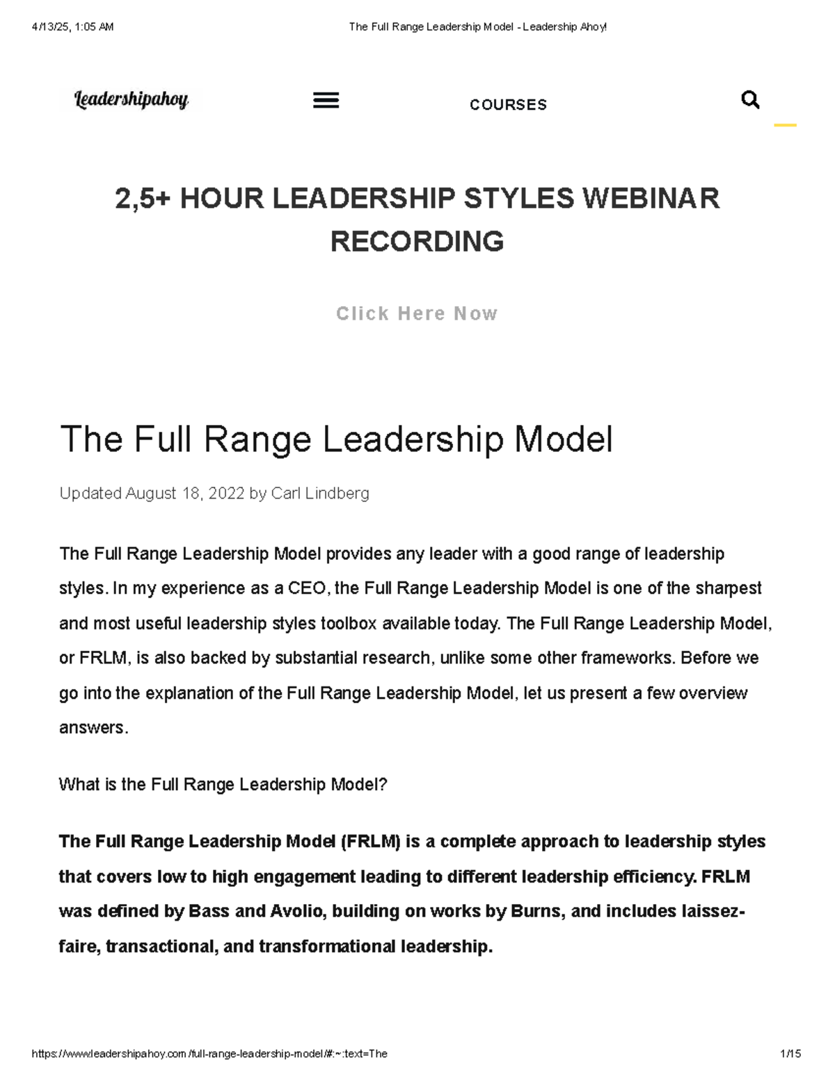 Full Range Leadership Model Overview - Week 8 Reading Notes - Studocu