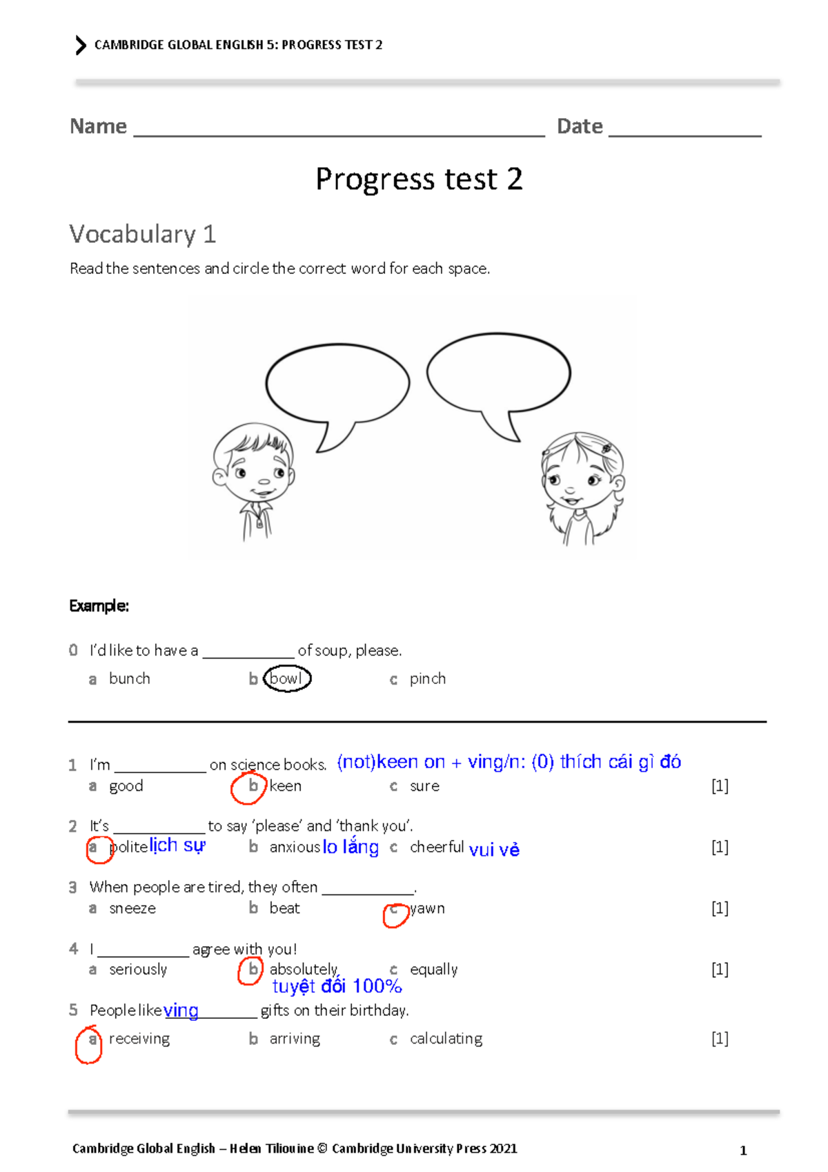 CAMBRIDGE GLOBAL ENGLISH 5: PROGRESS TEST 2 Vocabulary & Grammar - Studocu