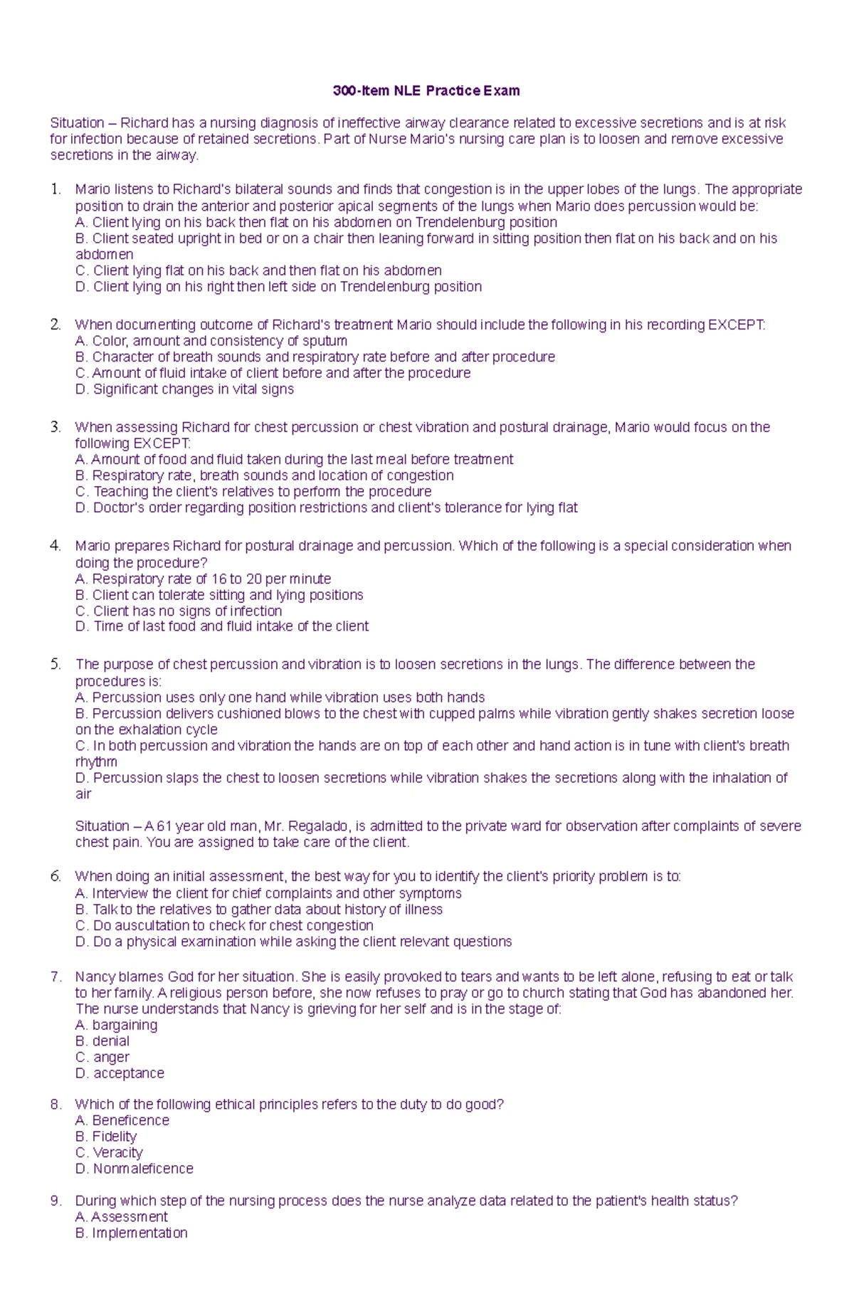 PNLE EXAM - FOR ACADEMIC USE ONLY. - 300-Item NLE Practice Exam ...